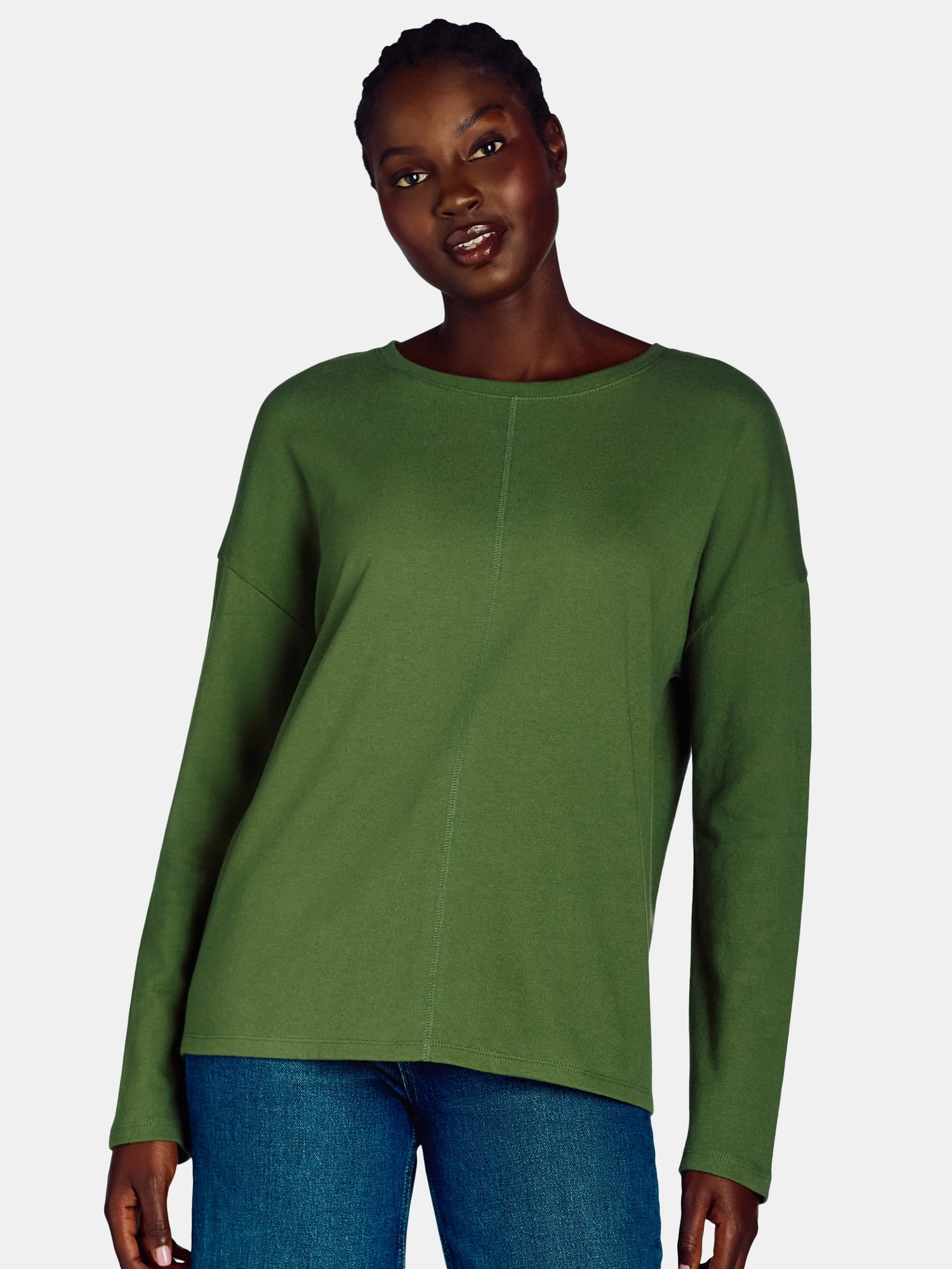 Time and Tru Women’s Cotton Pullover Tee with Long Sleeves, Sizes XS ...