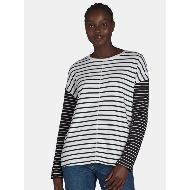 Time and Tru Women’s Cotton Pullover Tee with Long Sleeves, Sizes XS ...