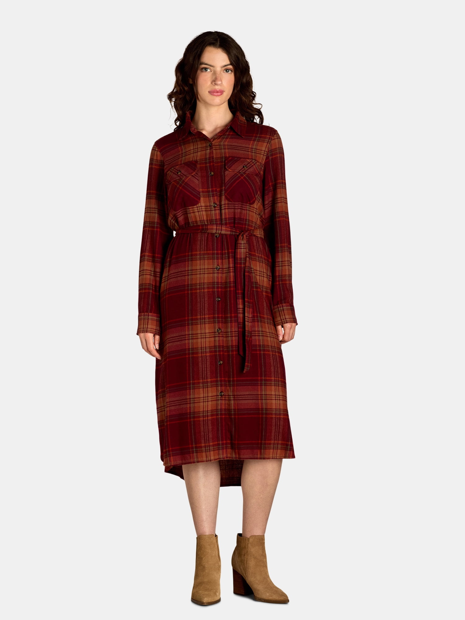 Time and Tru Women’s and Women’s Plus Plaid Button Front Dress with ...