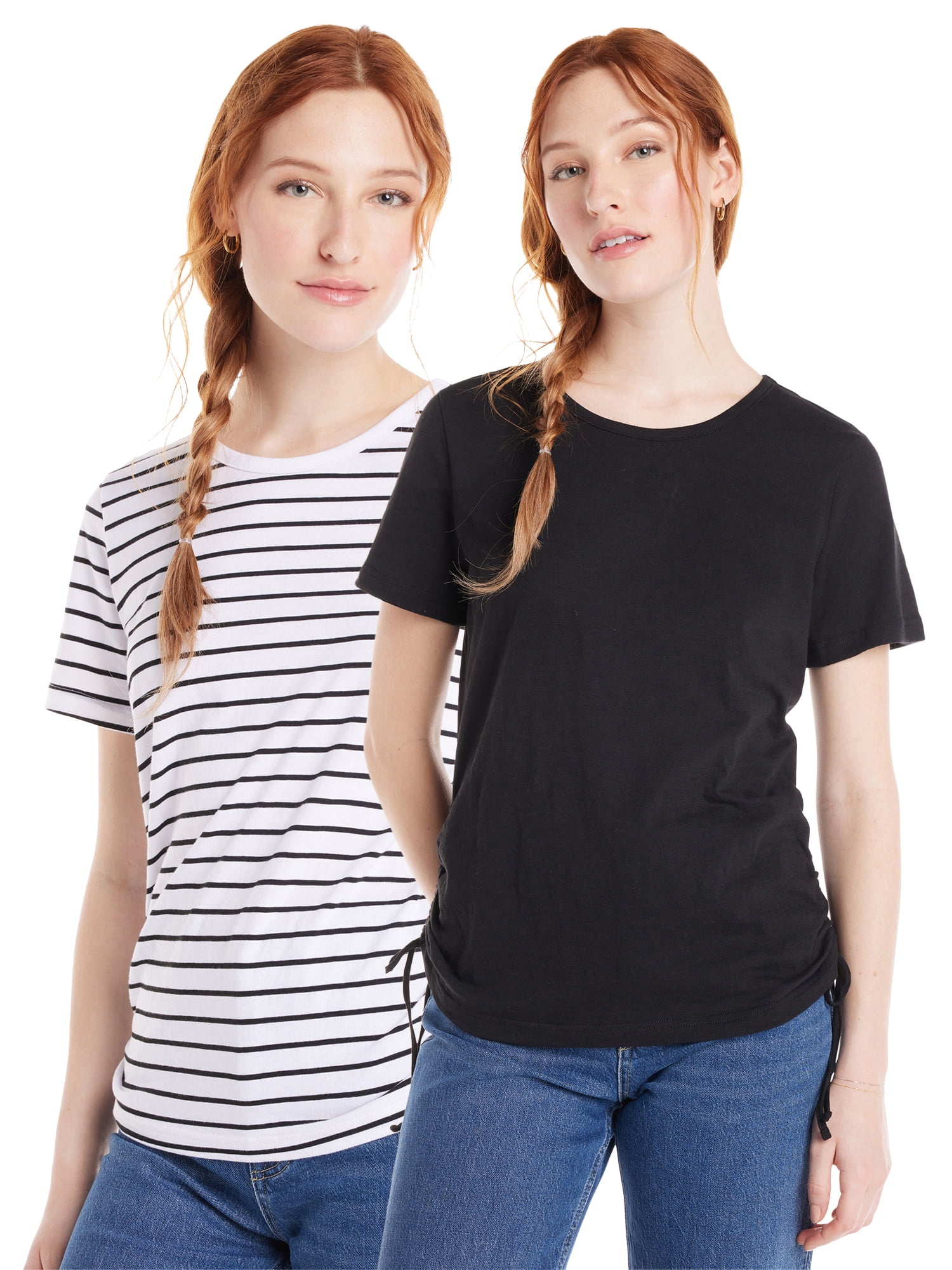 Time and Tru Women’s Cotton Side Cinch Top with Short Sleeves, 2-Pack ...