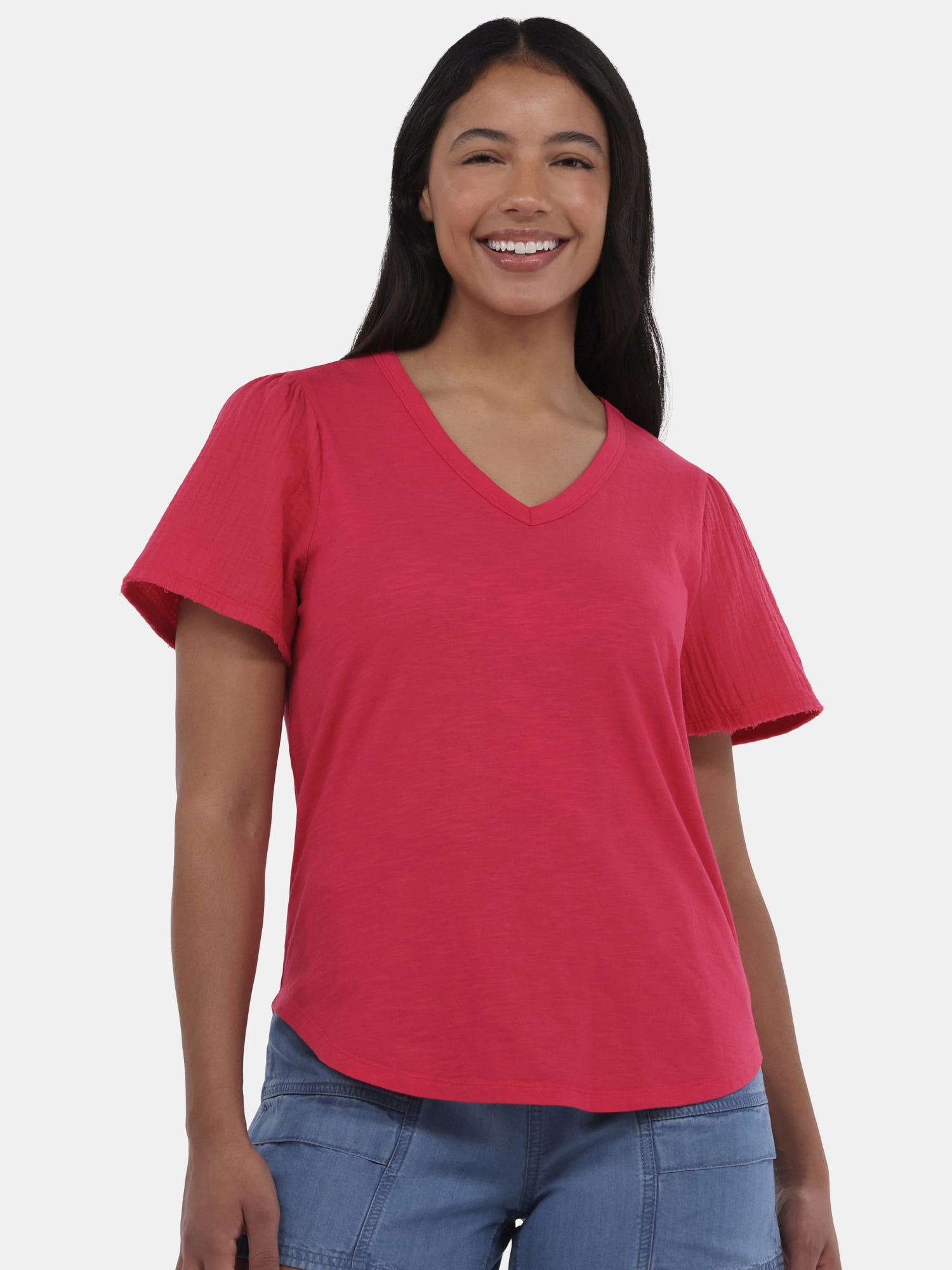Time and Tru Women's Cotton Tee with Double Cloth Short Sleeves, Sizes ...