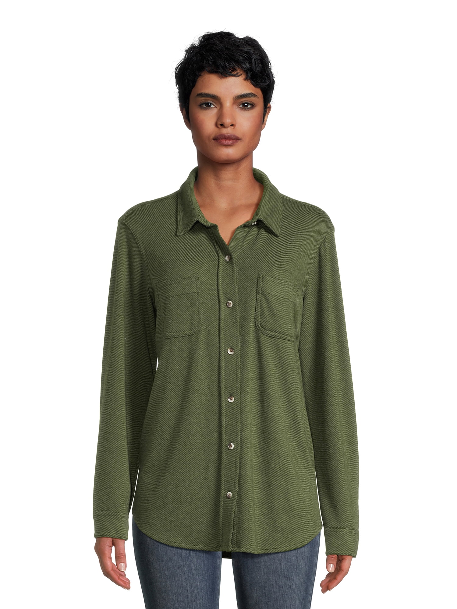 Time & Tru Women's Cozy Button Front Shirt with Pockets and Horn ...