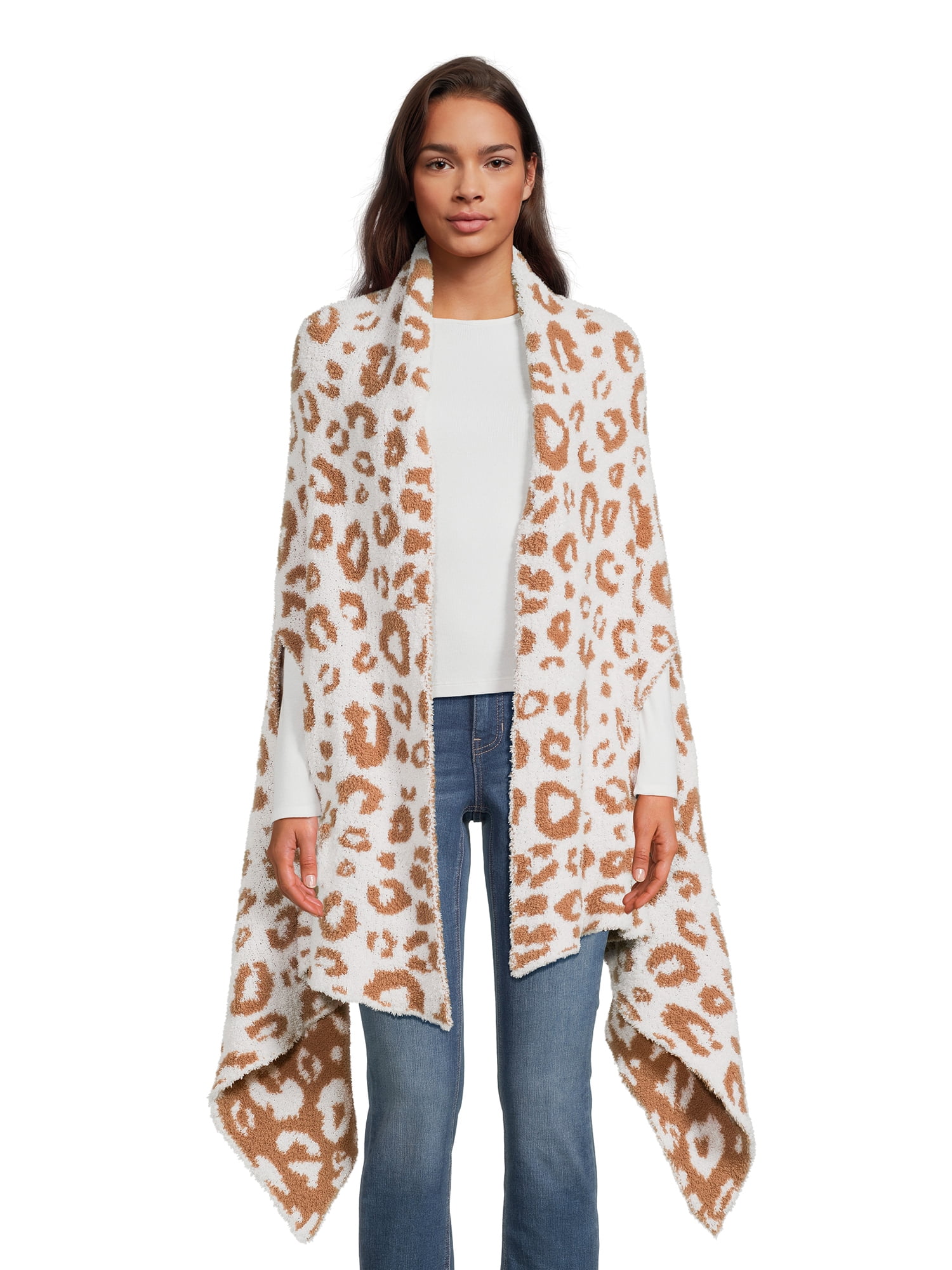 Time and Tru Women's Cozy Reversible Leopard Print Ruana Layering Piece ...
