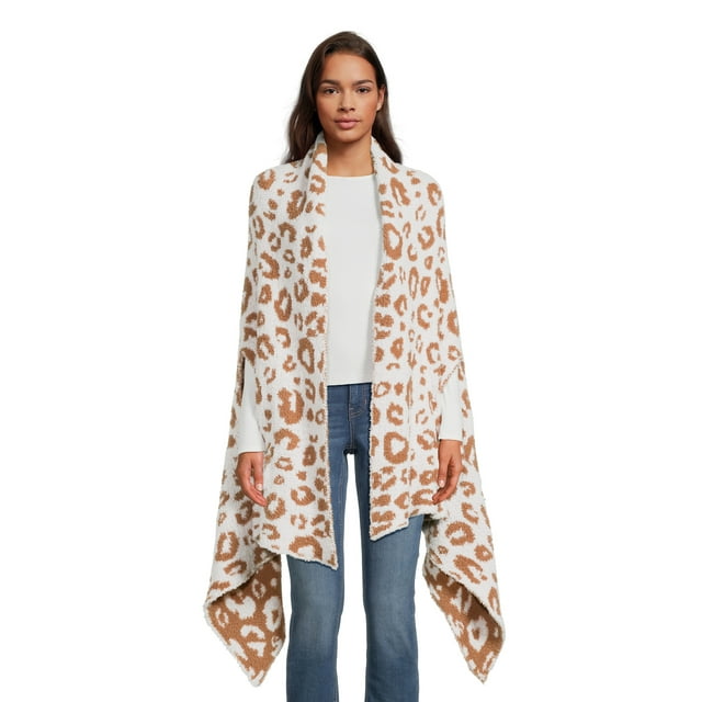 Time and Tru Women's Cozy Reversible Leopard Print Ruana Layering Piece ...