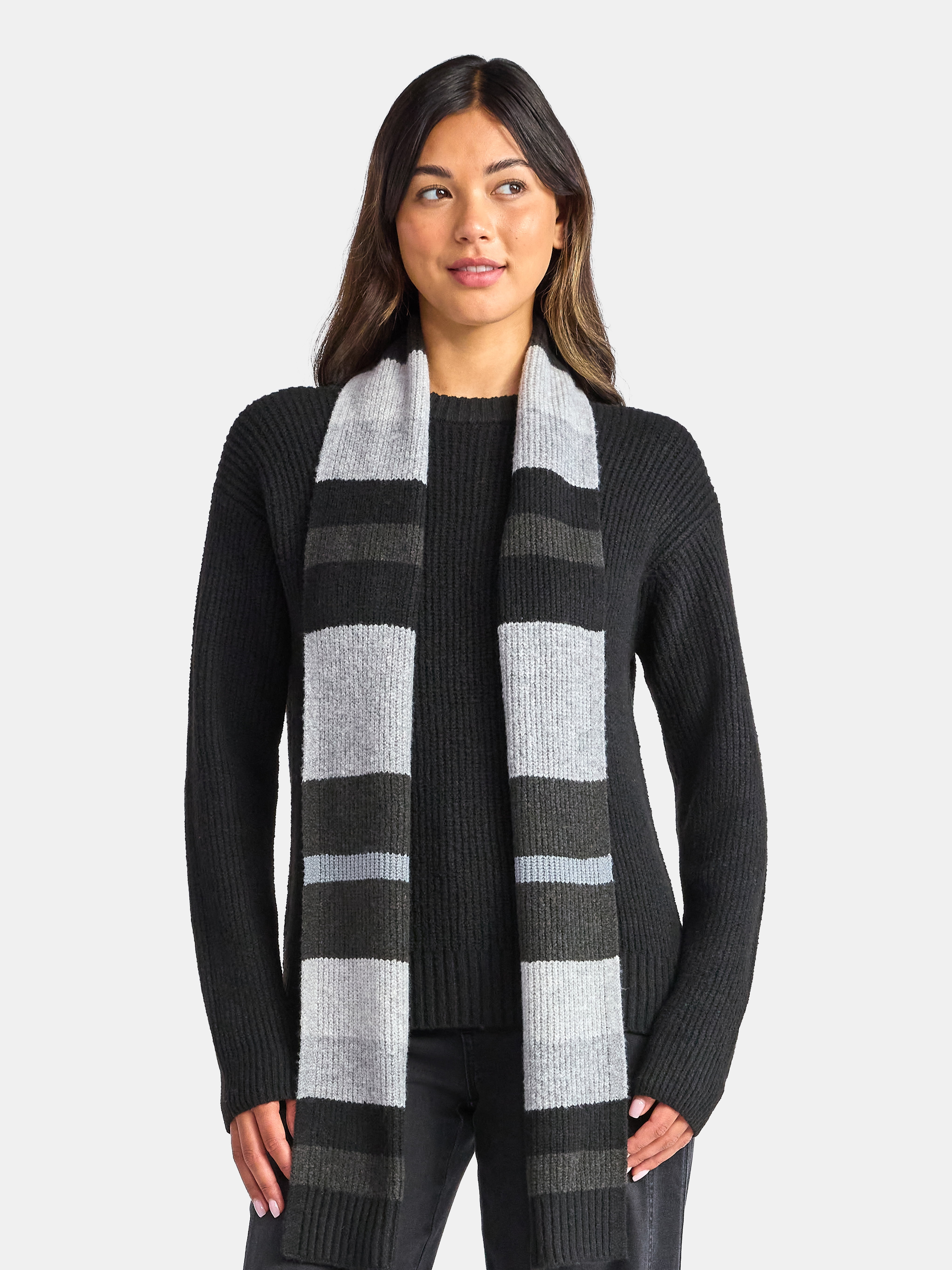 Time and Tru Women's Ribbed Crewneck Sweater and Stripe Scarf Set, 2 ...