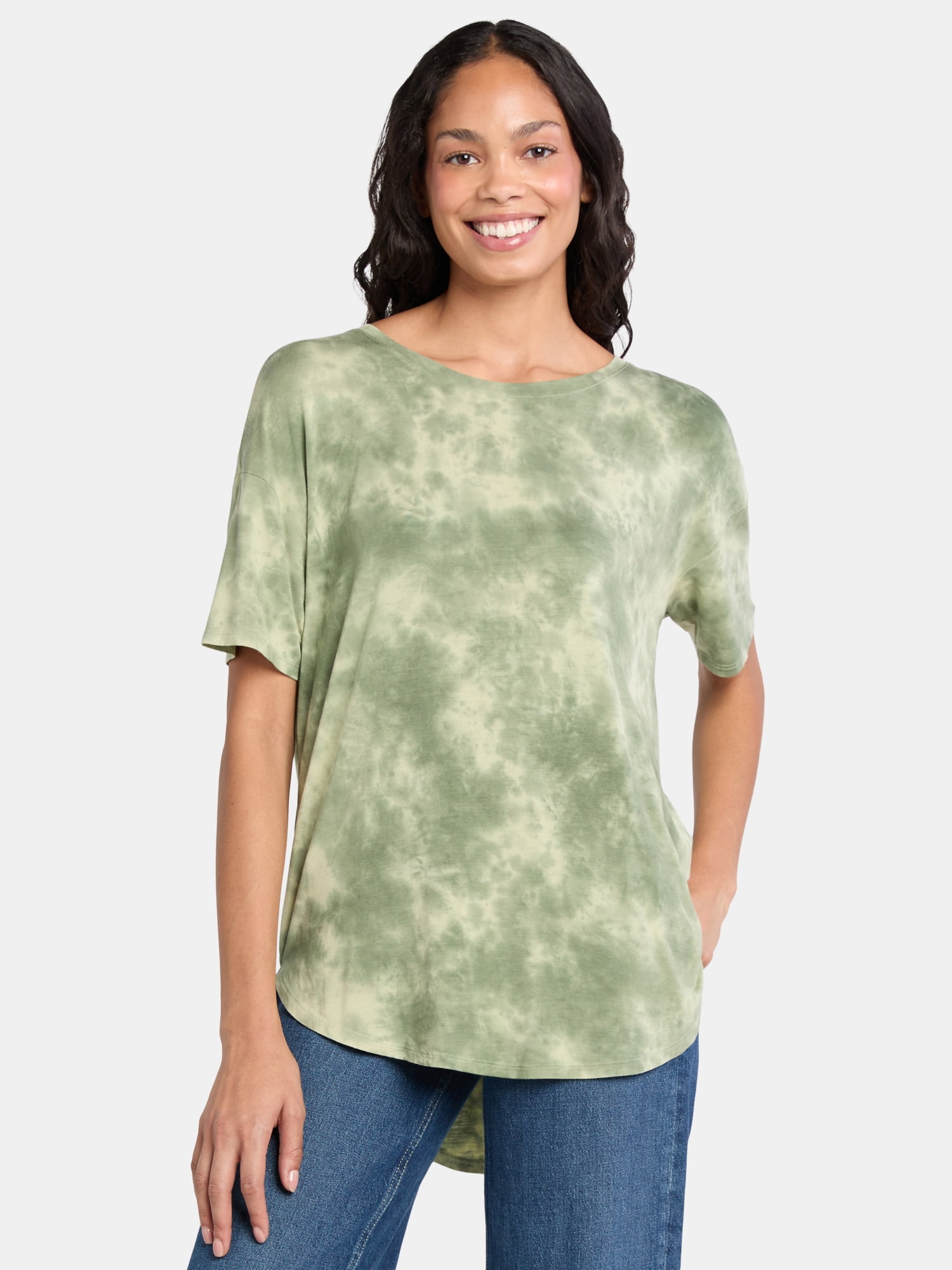 Time and Tru Women's Crewneck Tunic Tee with Short Sleeves, Relaxed Fit ...