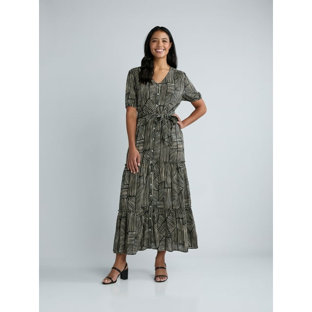 Time and Tru Women's Crinkle Maxi Dress with Short Sleeves, Sizes XS ...