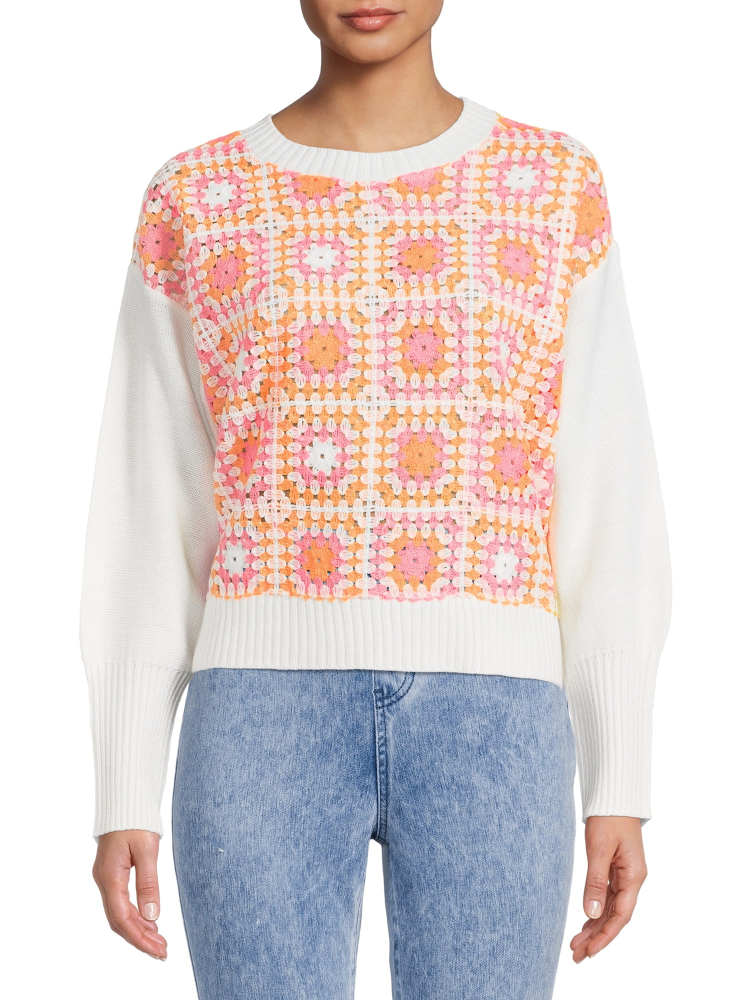 Time and Tru Women's Crochet Front Sweater, Midweight, Sizes XS-XXXL ...