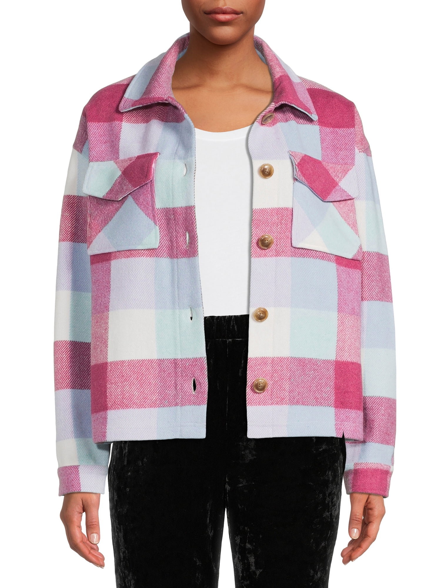 Time and Tru Women's Cropped Plaid Shacket Fashion Jacket - Walmart.com