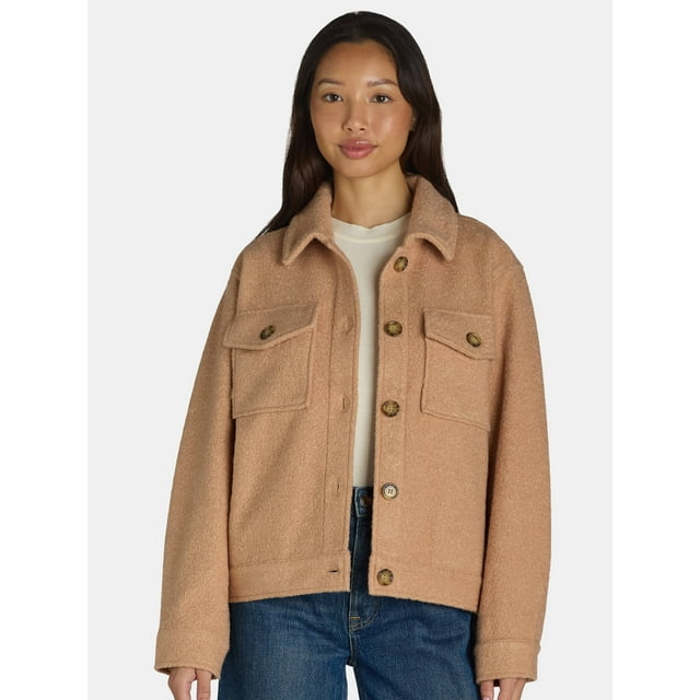 Time and Tru Women's Cropped Boucle Button Down Shacket, Sizes XS–XXXL ...