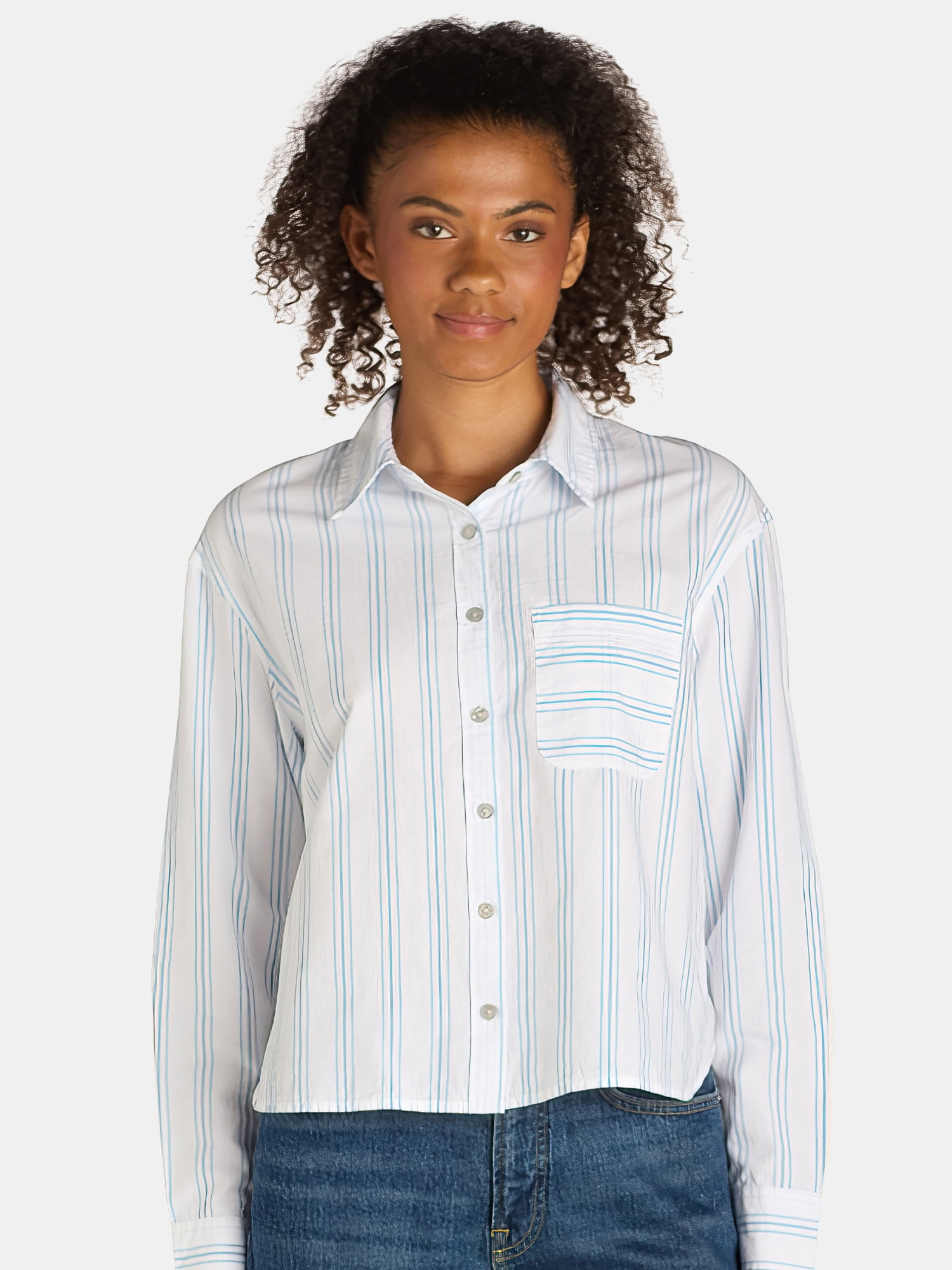 Time and Tru Women's Cropped Boxy Button Down Top, Sizes XS-XXL ...