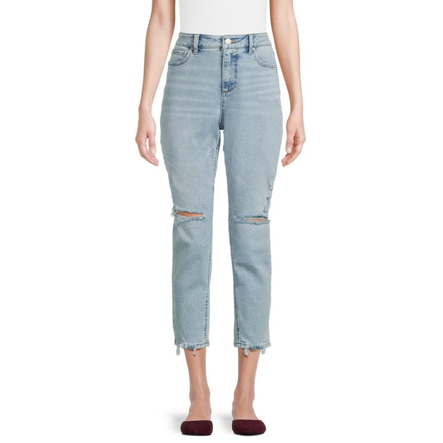 Time and Tru Women's Cropped High Rise Distressed Mom Jeans, 25" Inseam ...