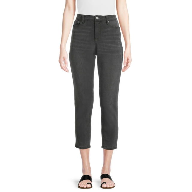 Time and Tru Women's Cropped High Rise Distressed Mom Jeans, 27" Inseam ...