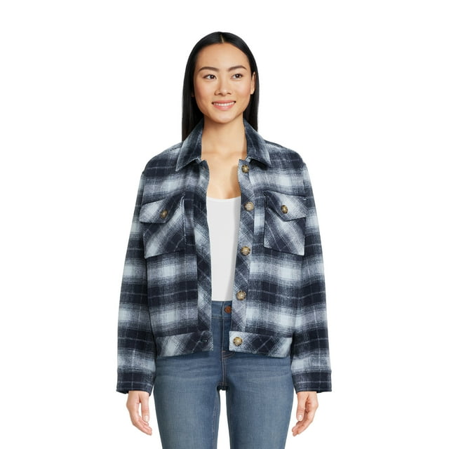 Time and Tru Women's Cropped Plaid Button Down Shacket, Sizes XS-XXXL ...