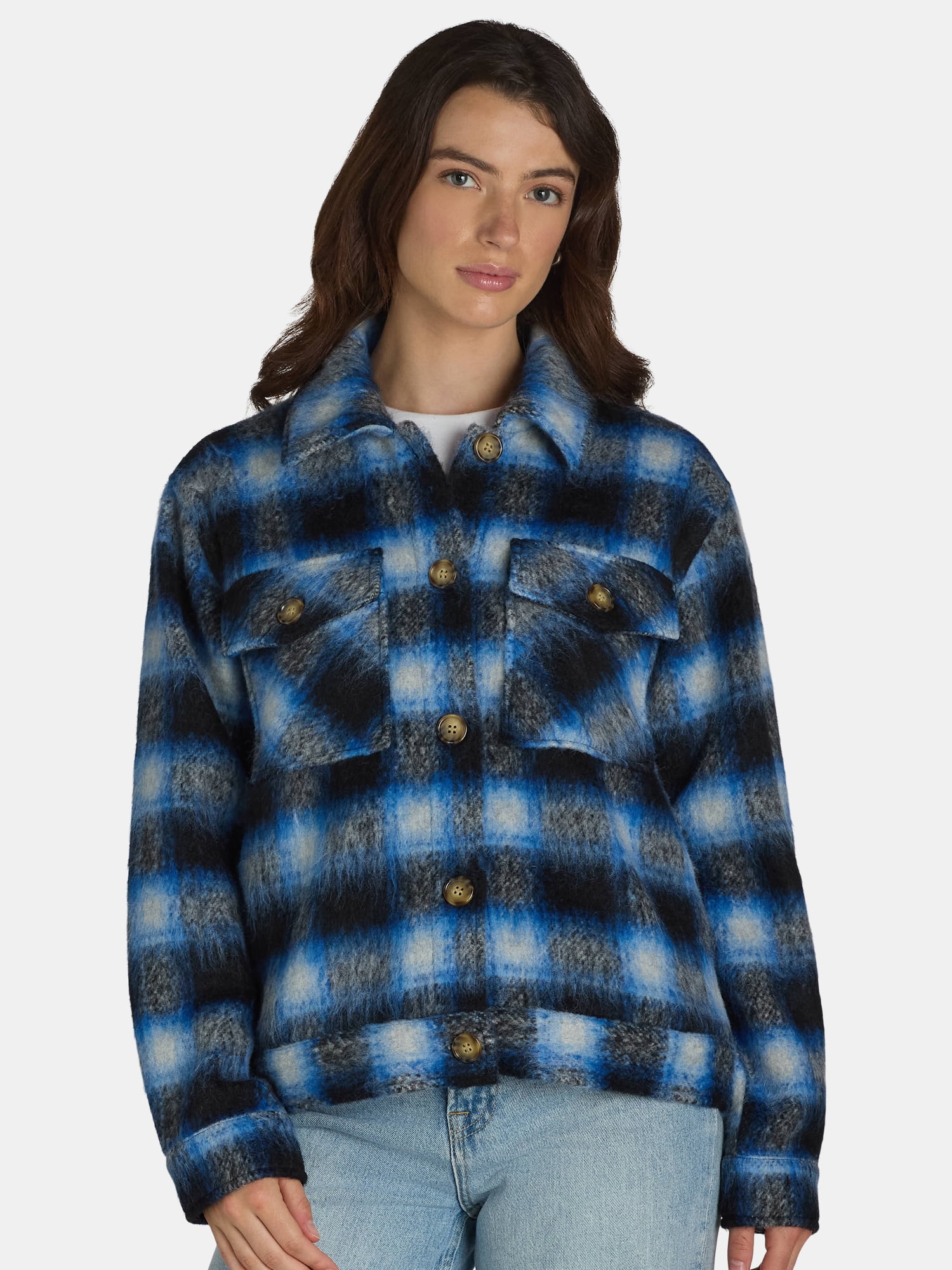 Time and Tru Women's Cropped Plaid Button Down Shacket, XS-XXXL ...