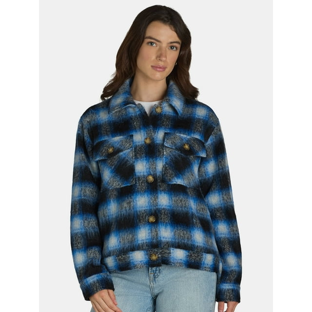 Time and Tru Women's Cropped Plaid Button Down Shacket, XS-XXXL ...