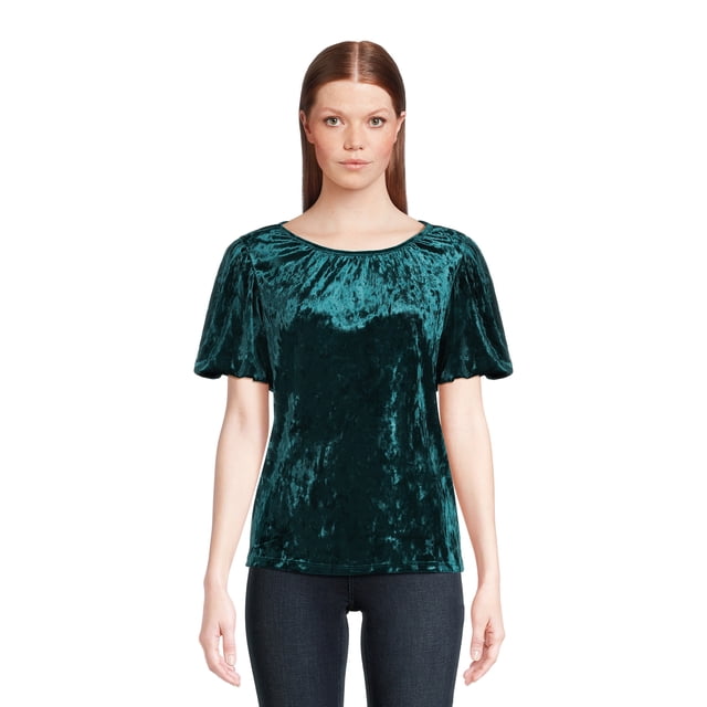 Time and Tru Women's Crushed Velvet Top with Short Sleeves, Sizes XS ...