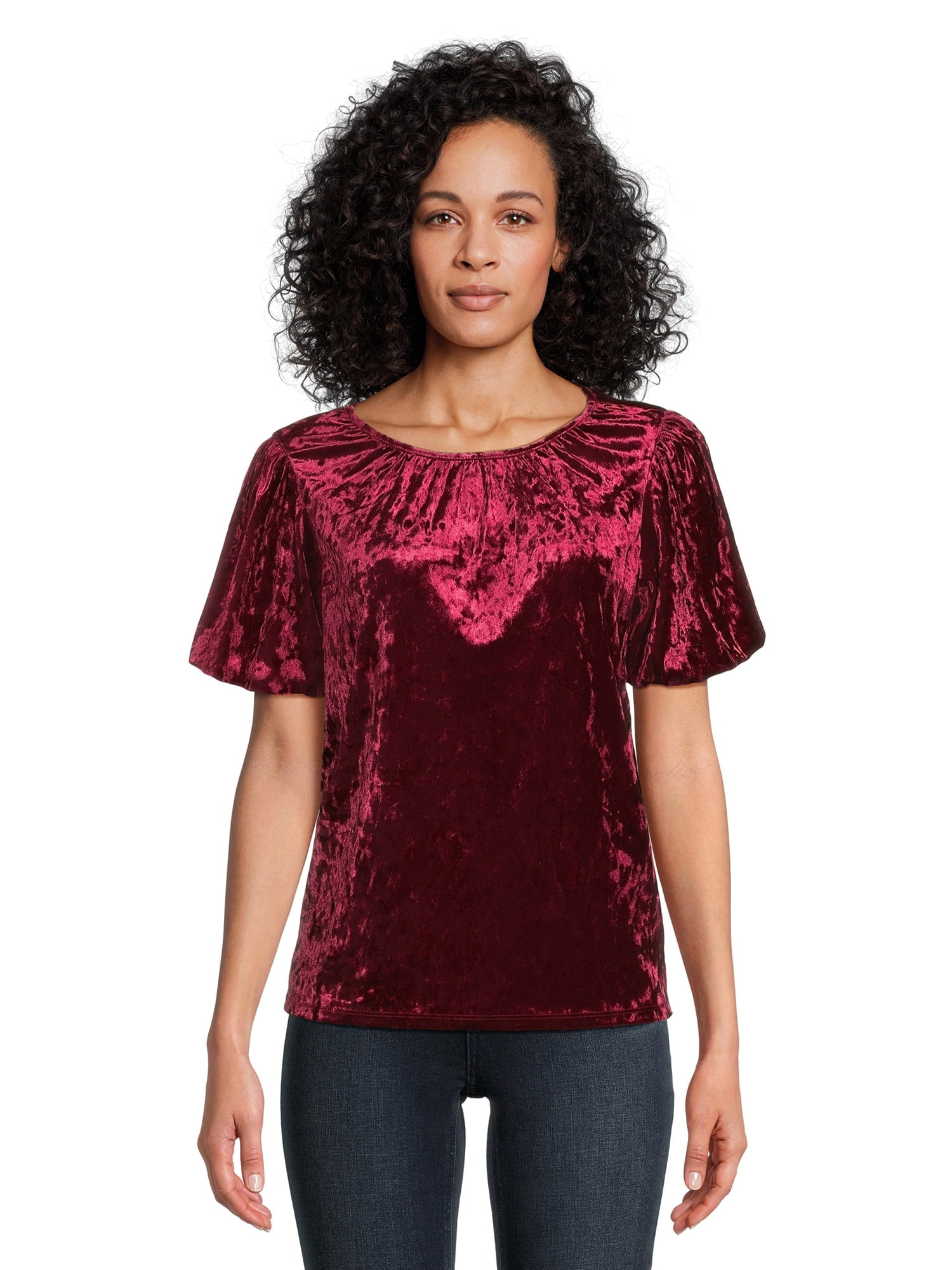 Time and Tru Women's Crushed Velvet Top with Short Sleeves, Sizes XS ...