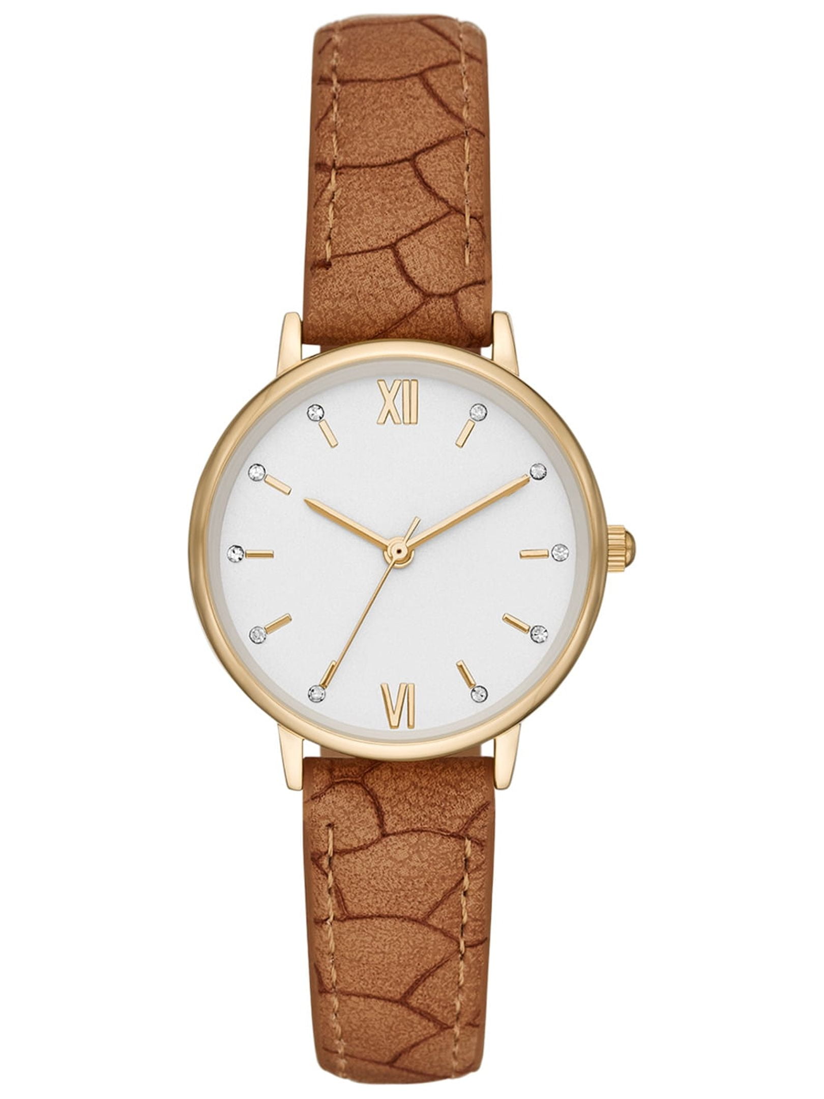 Time and Tru Women's Crystal Accent Gold Tone Watch with Textured Strap ...