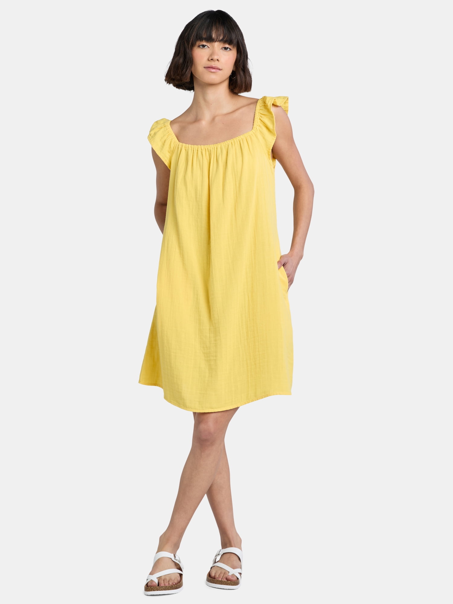 Time and Tru Women's Double Cloth Cotton Mini Dress with Flutter ...