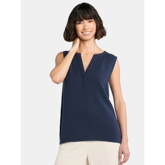 Time and Tru Women's Double Cloth Cotton Tank Top, Sleeveless, Relaxed ...