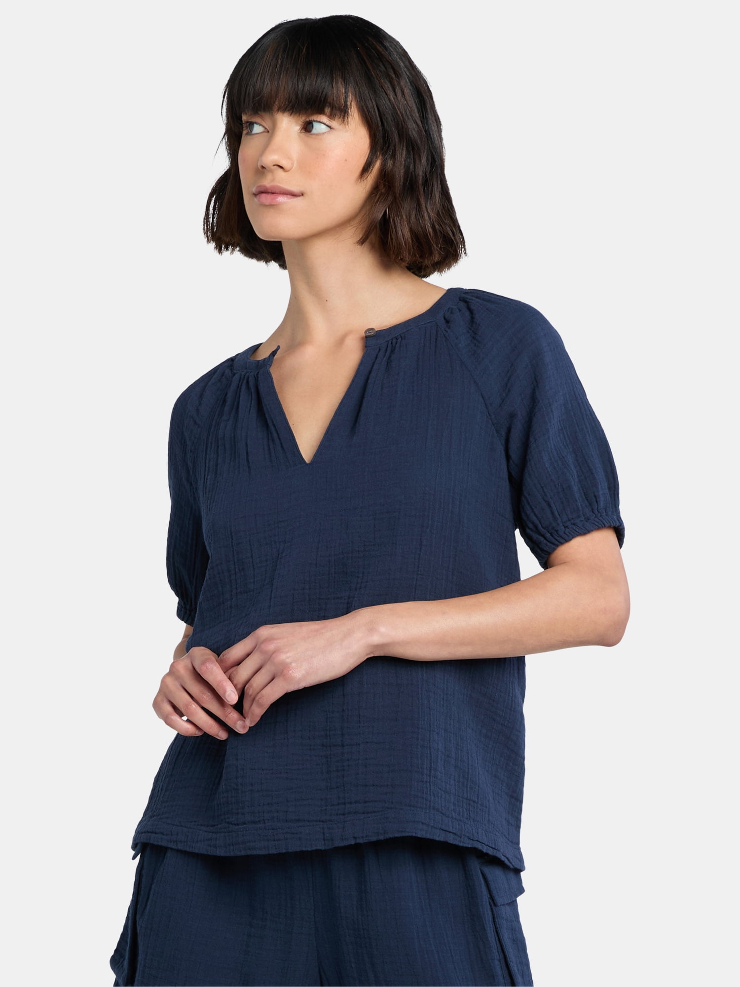 Time and Tru Women's Double Cloth Cotton Top with Short Sleeves ...