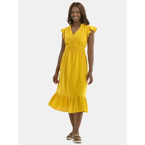 Time and Tru Double Cloth Cotton Midi Dress with Flutter Sleeves and ...