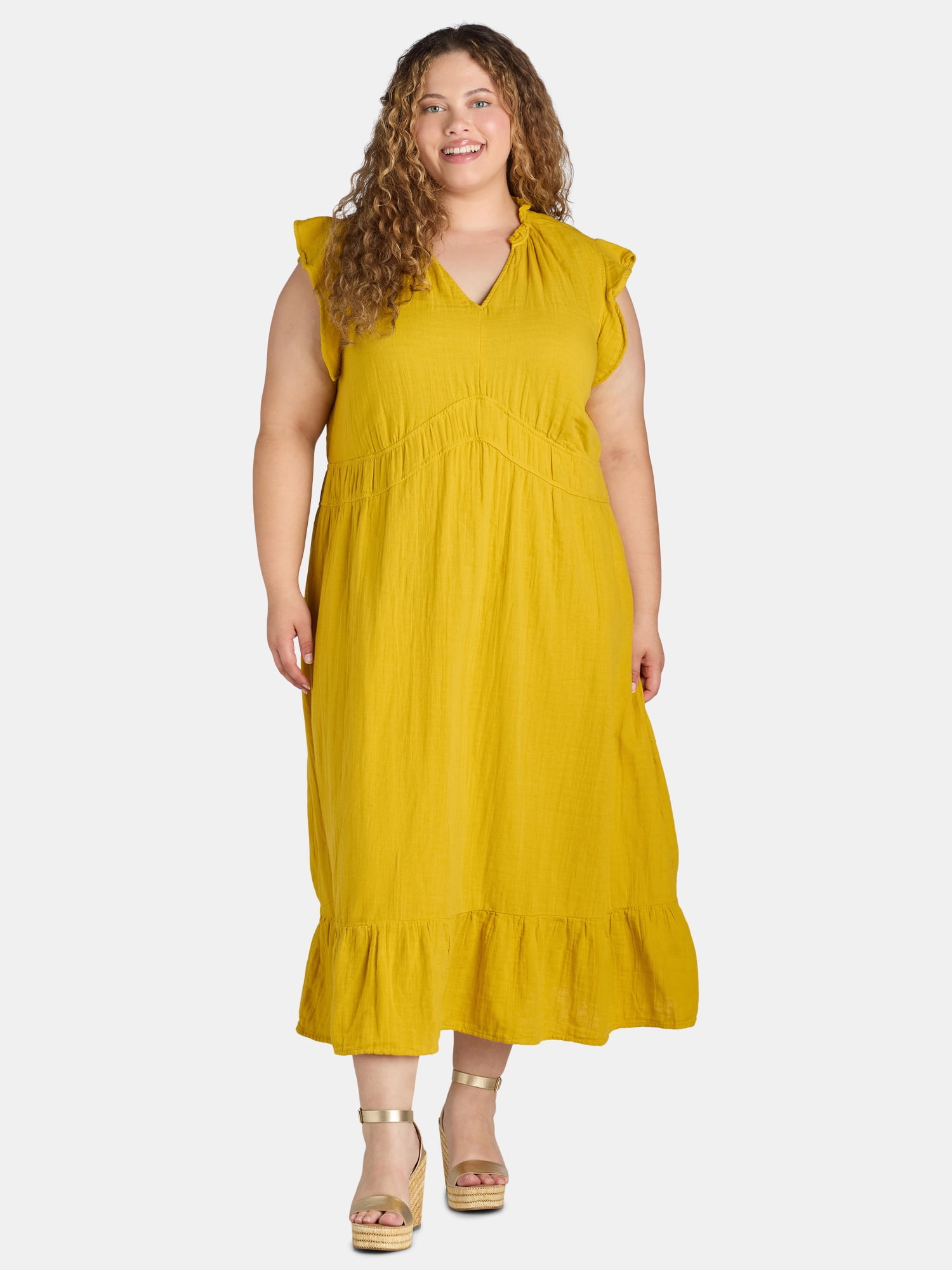 Time and Tru Women's and Women's Plus Double Cloth Midi Dress, Sizes XS ...