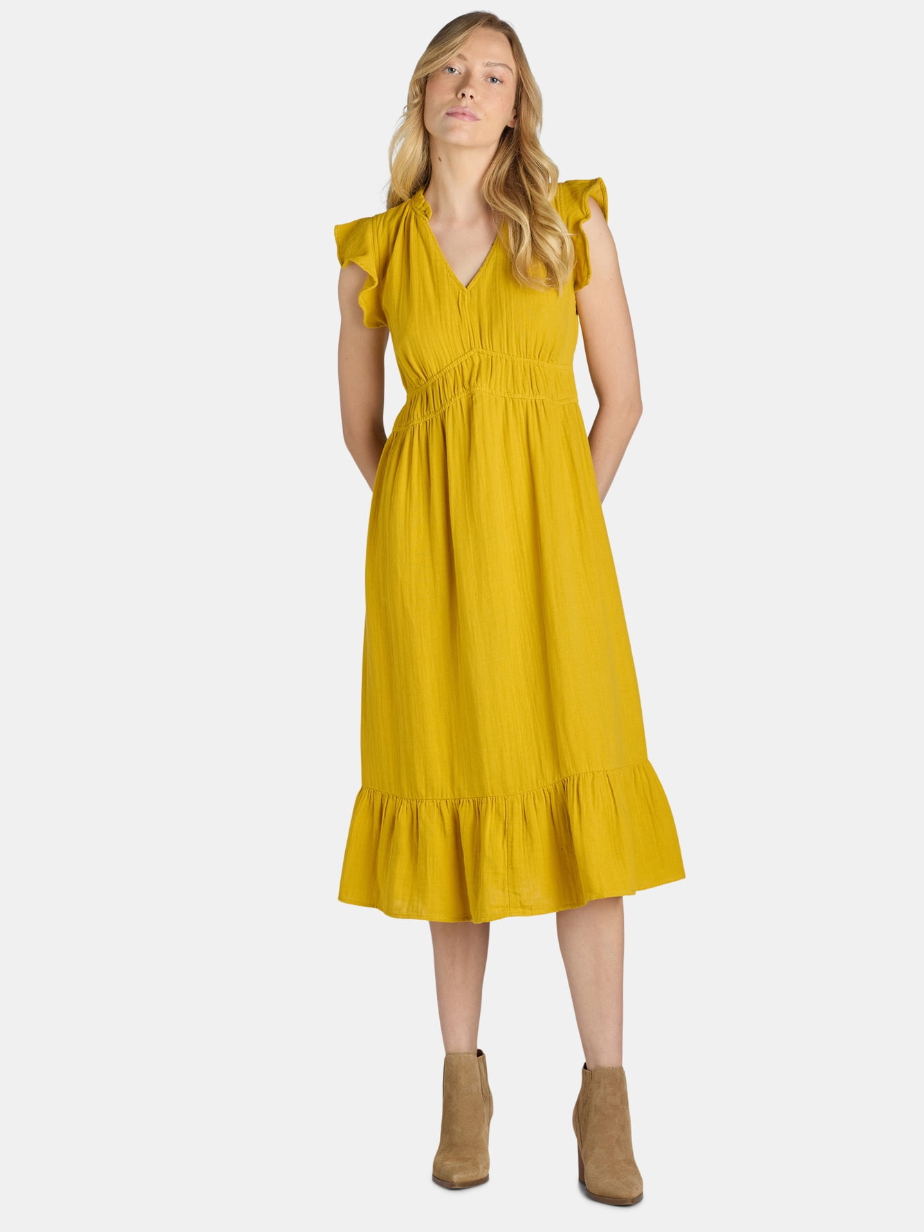 Time and Tru Women's and Women's Plus Double Cloth Midi Dress, Sizes XS ...