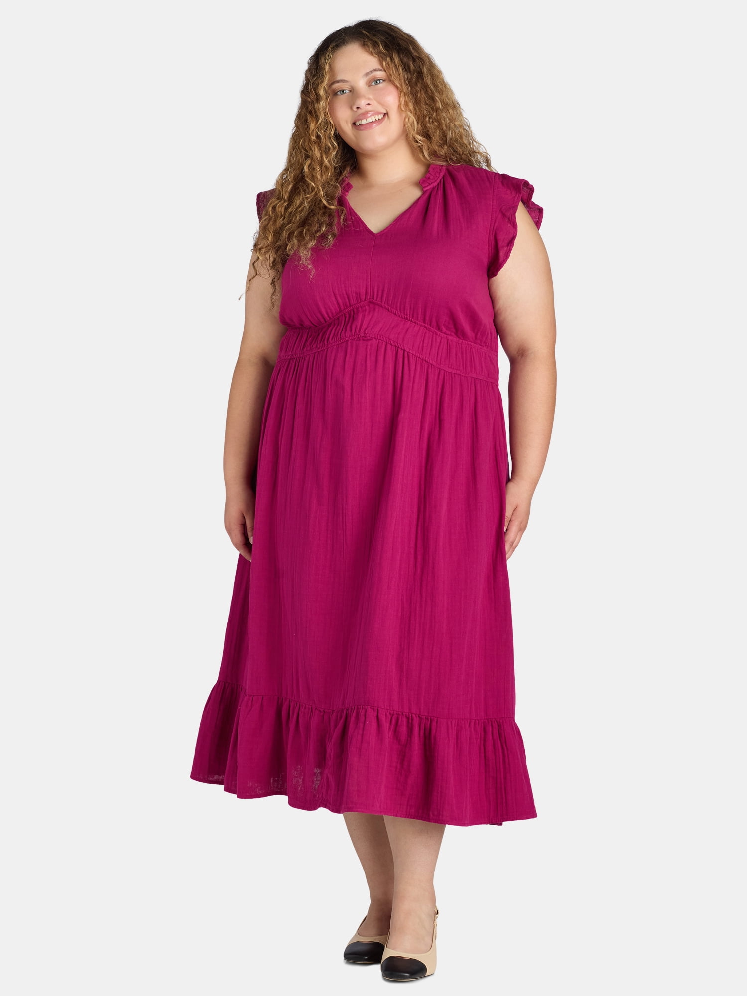 Time and Tru Women's and Women's Plus Double Cloth Midi Dress, Sizes XS ...