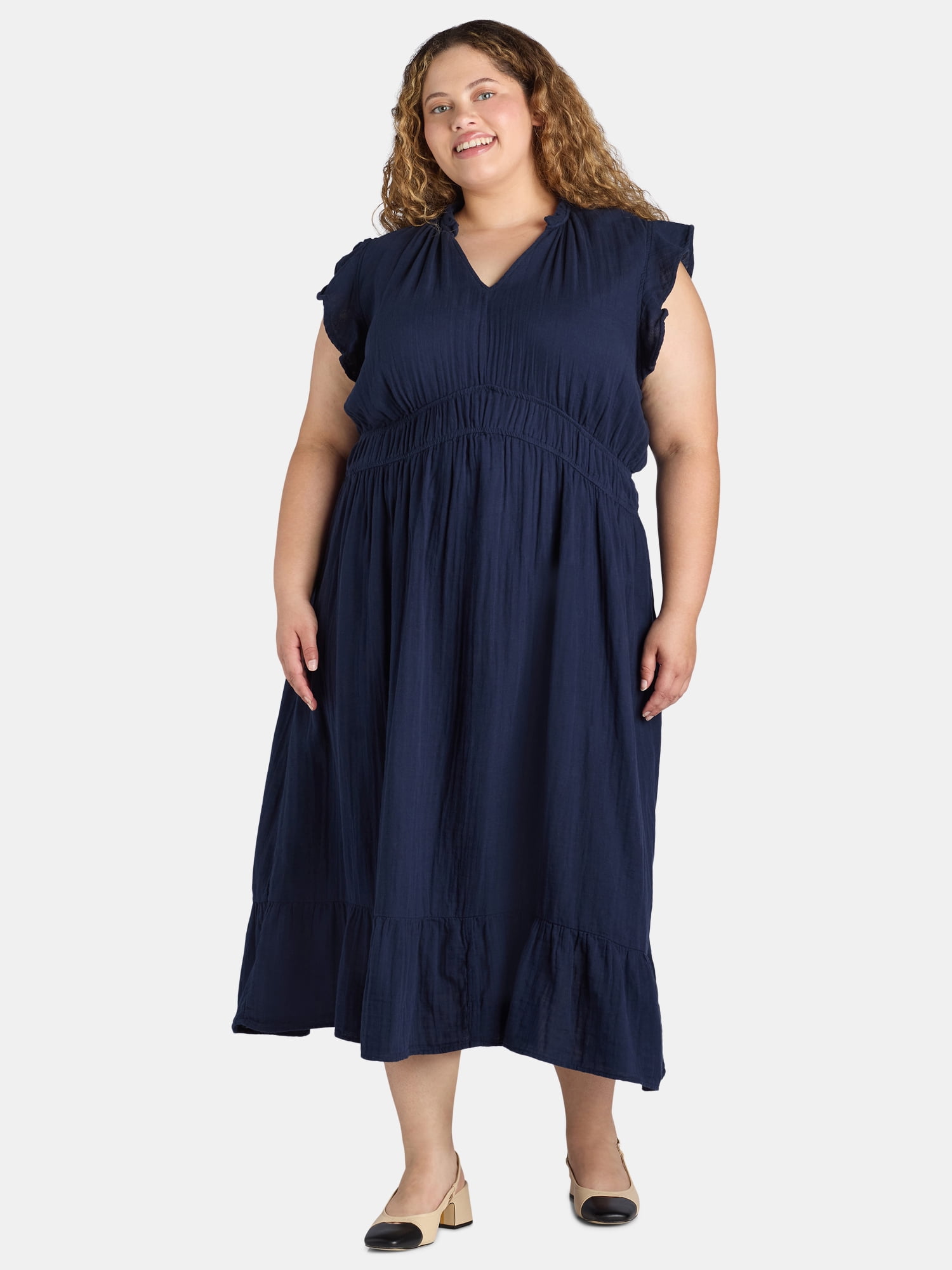 Time and Tru Women's and Women's Plus Double Cloth Midi Dress, Sizes XS ...