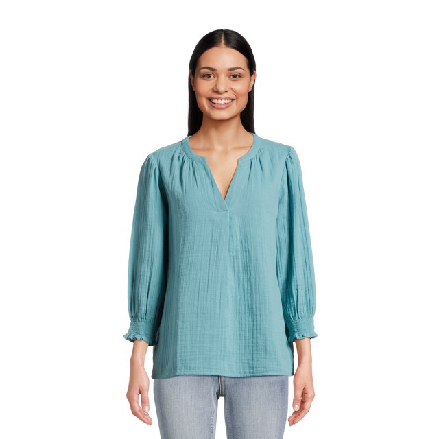 Time and Tru Women’s Double Cloth Peasant Top with Long Sleeves, Sizes ...