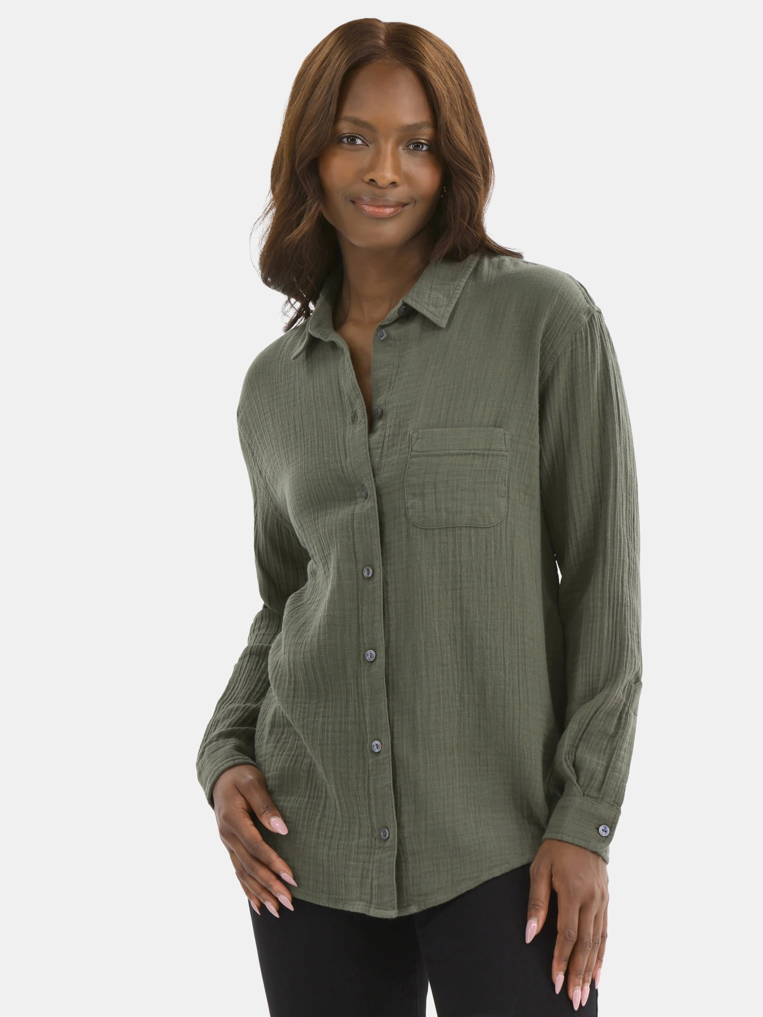 Time and Tru Women's Double Cloth Cotton Shirt with Long Sleeves, Sizes ...