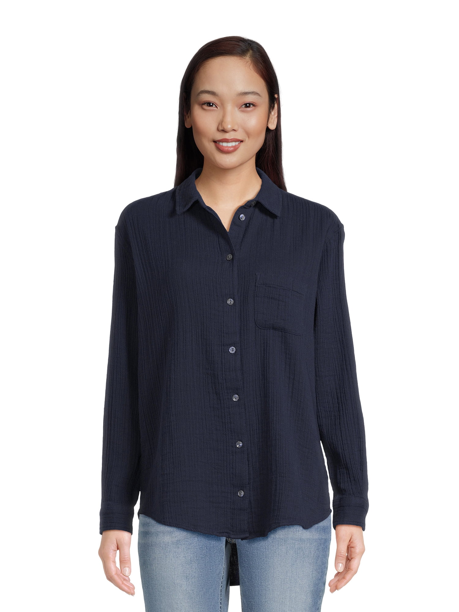 Time and Tru Women’s Double Cloth Shirt with Long Sleeves, Sizes XS ...