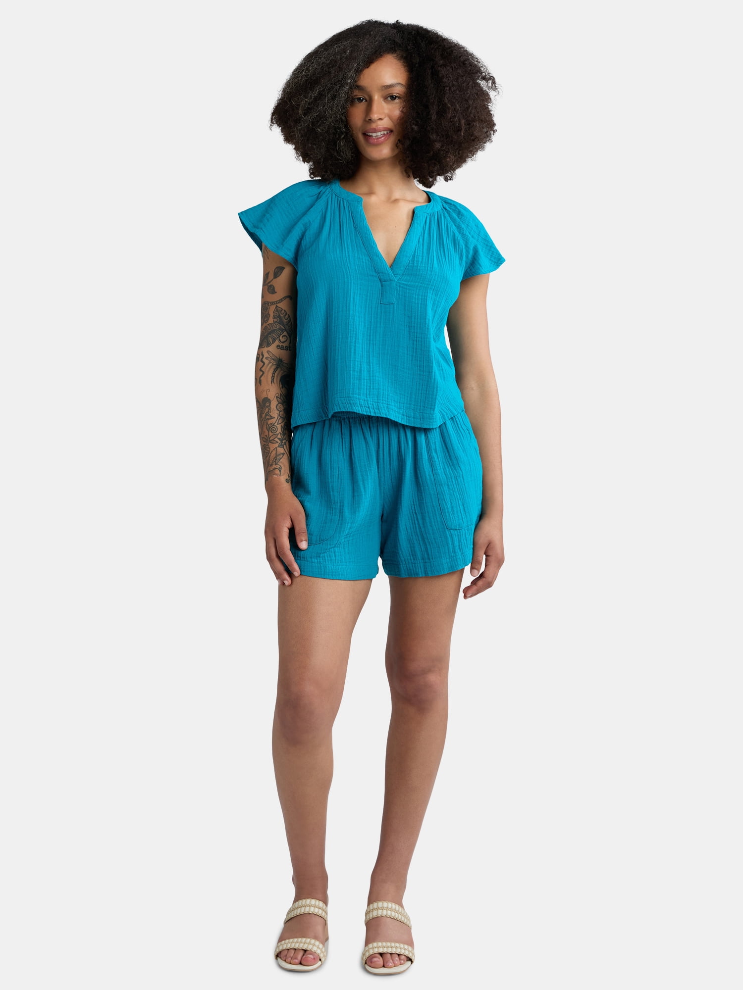 Time and Tru Women's Double Cloth Short Set, Sizes XS-XXXL - Walmart.com