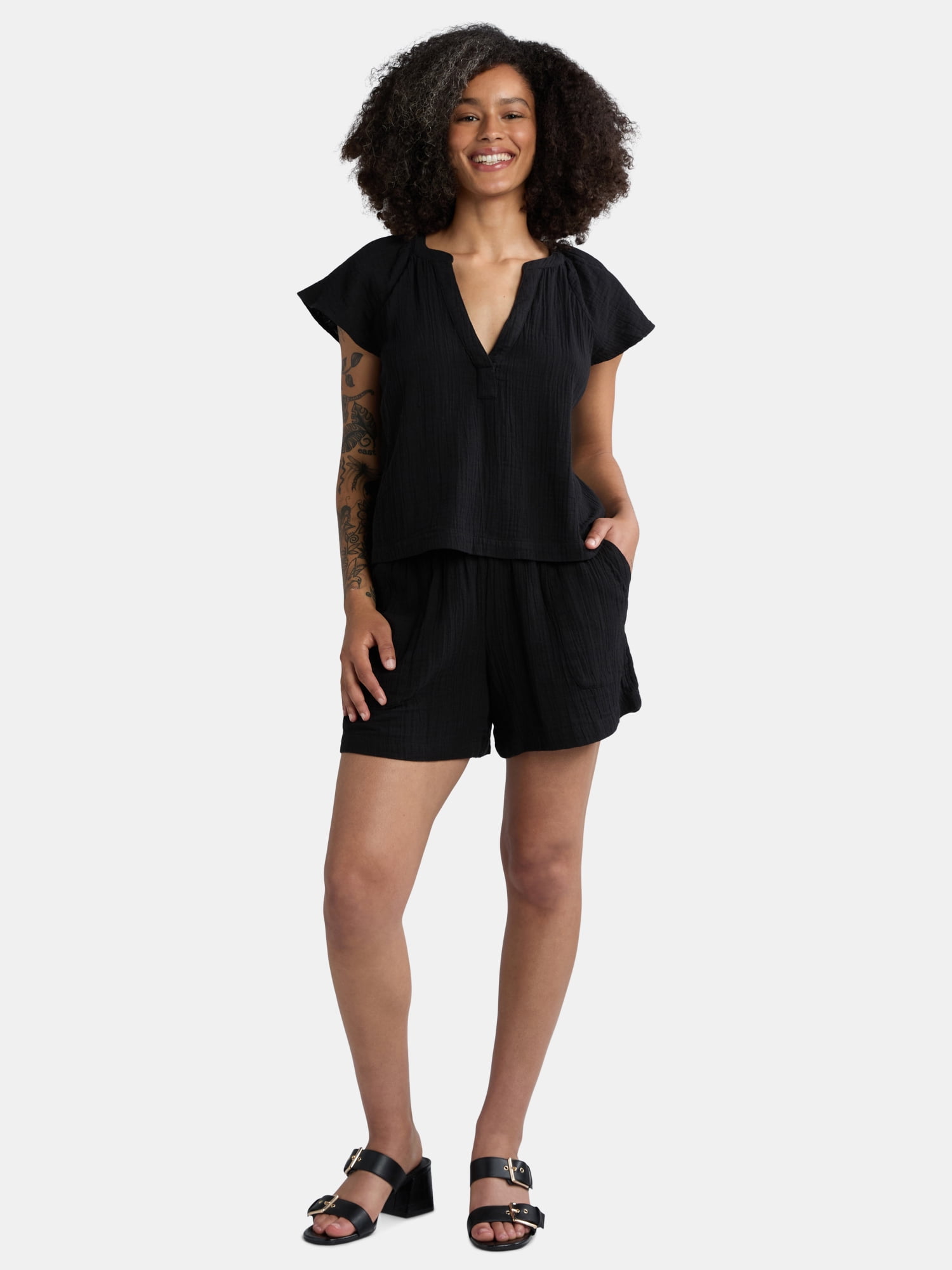Time and Tru Women's Double Cloth Short Set, Sizes XS-XXXL - Walmart.com