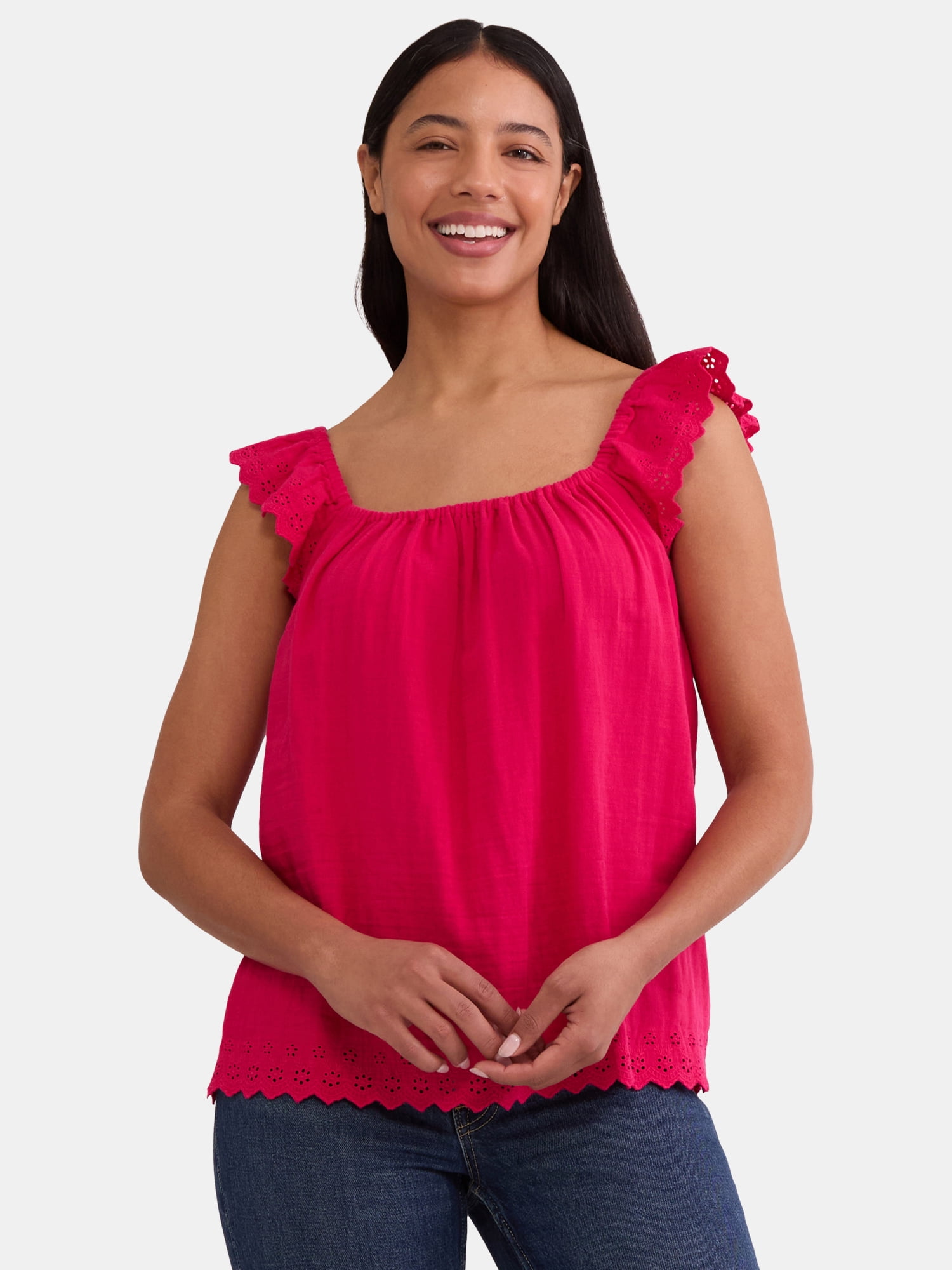 Time and Tru Women's Double Cloth Tank Top with Flutter Sleeves, Sizes ...