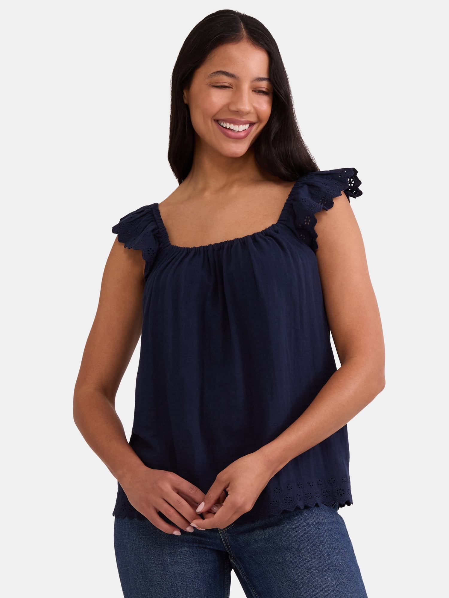 Time and Tru Women's Double Cloth Tank Top with Flutter Sleeves, Sizes ...
