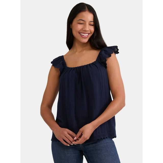 Time and Tru Women's Double Cloth Tank Top with Flutter Sleeves, Sizes ...