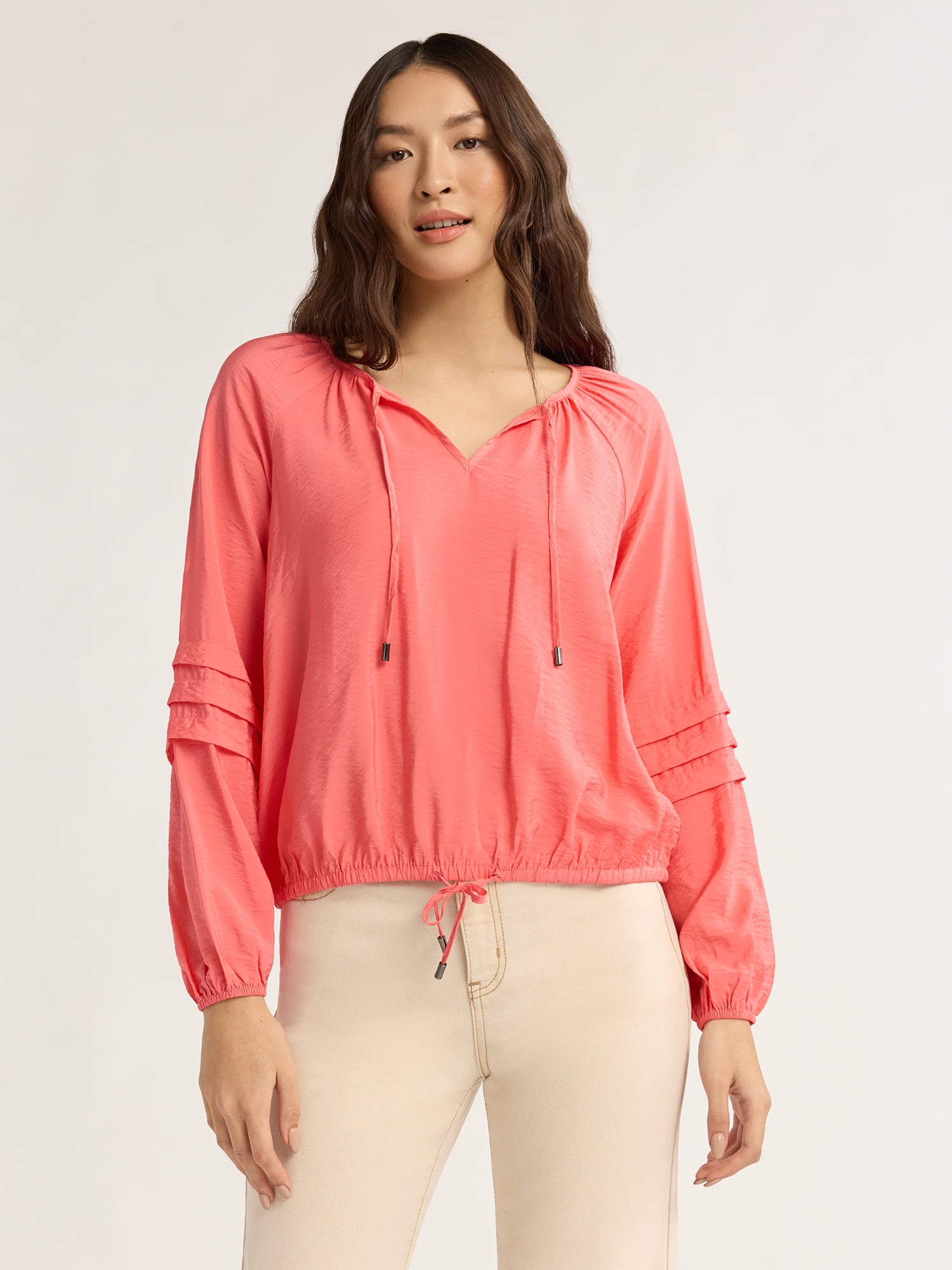 Time and Tru Women's Drawstring Hem Peasant Blouse with Long Sleeves ...