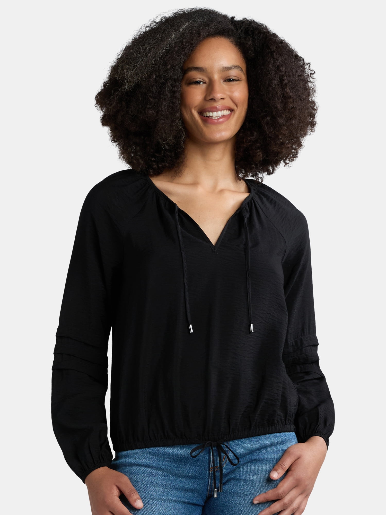 Time and Tru Drawstring Hem Peasant Blouse - Sleeves - Walmart.com