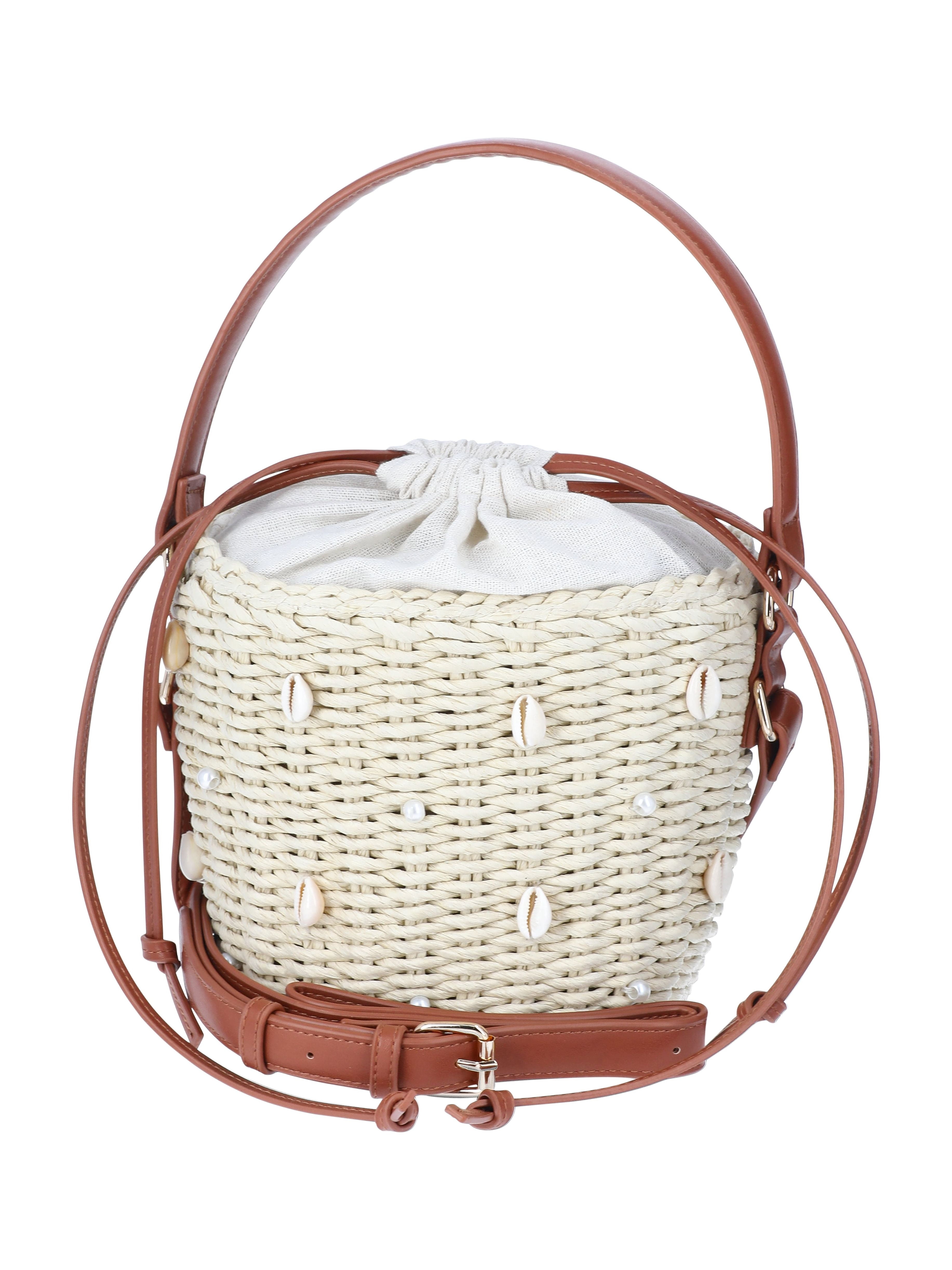 Time and Tru Embellished Bucket Bag, Straw-like Texture, Pearlescent ...