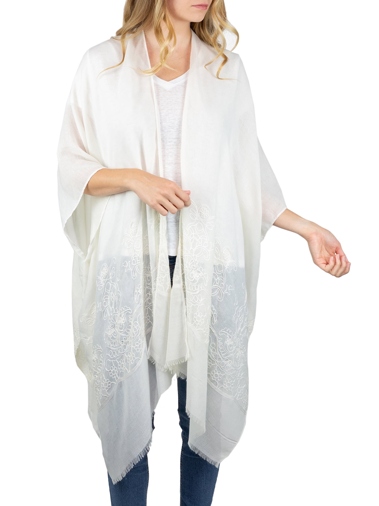 Time and Tru Women's Sheer Embroidered Open-Front Duster with Fringe ...