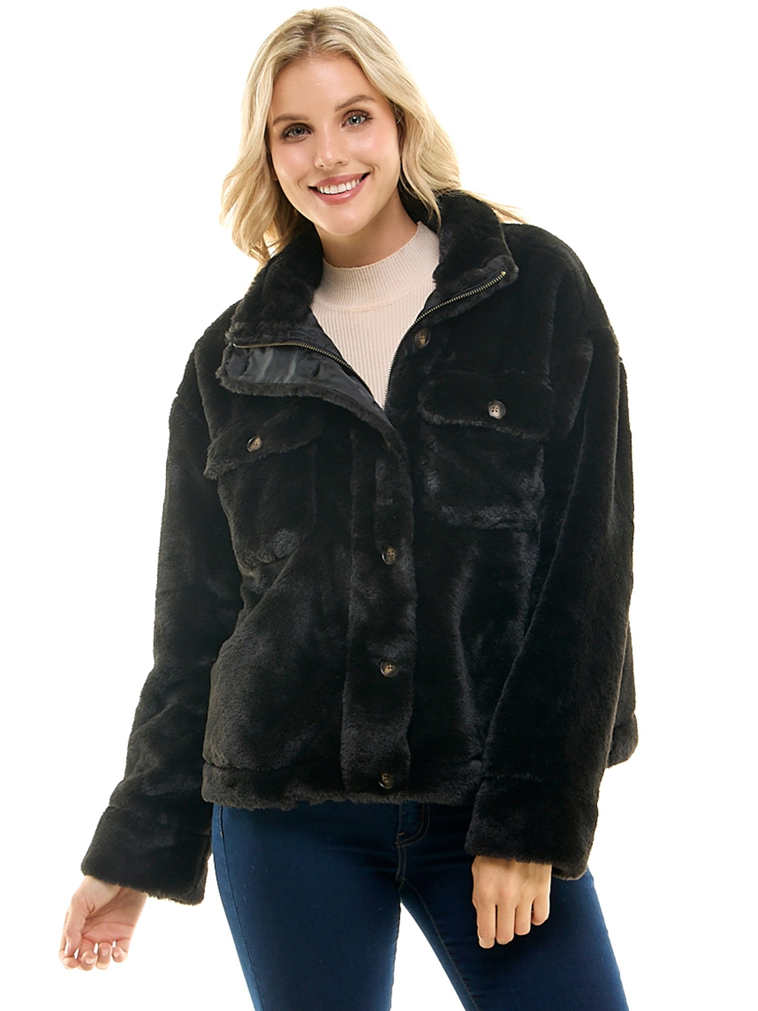 Time and Tru Women's Faux Fur Bungee Shacket, Sizes XS-3X - Walmart.com