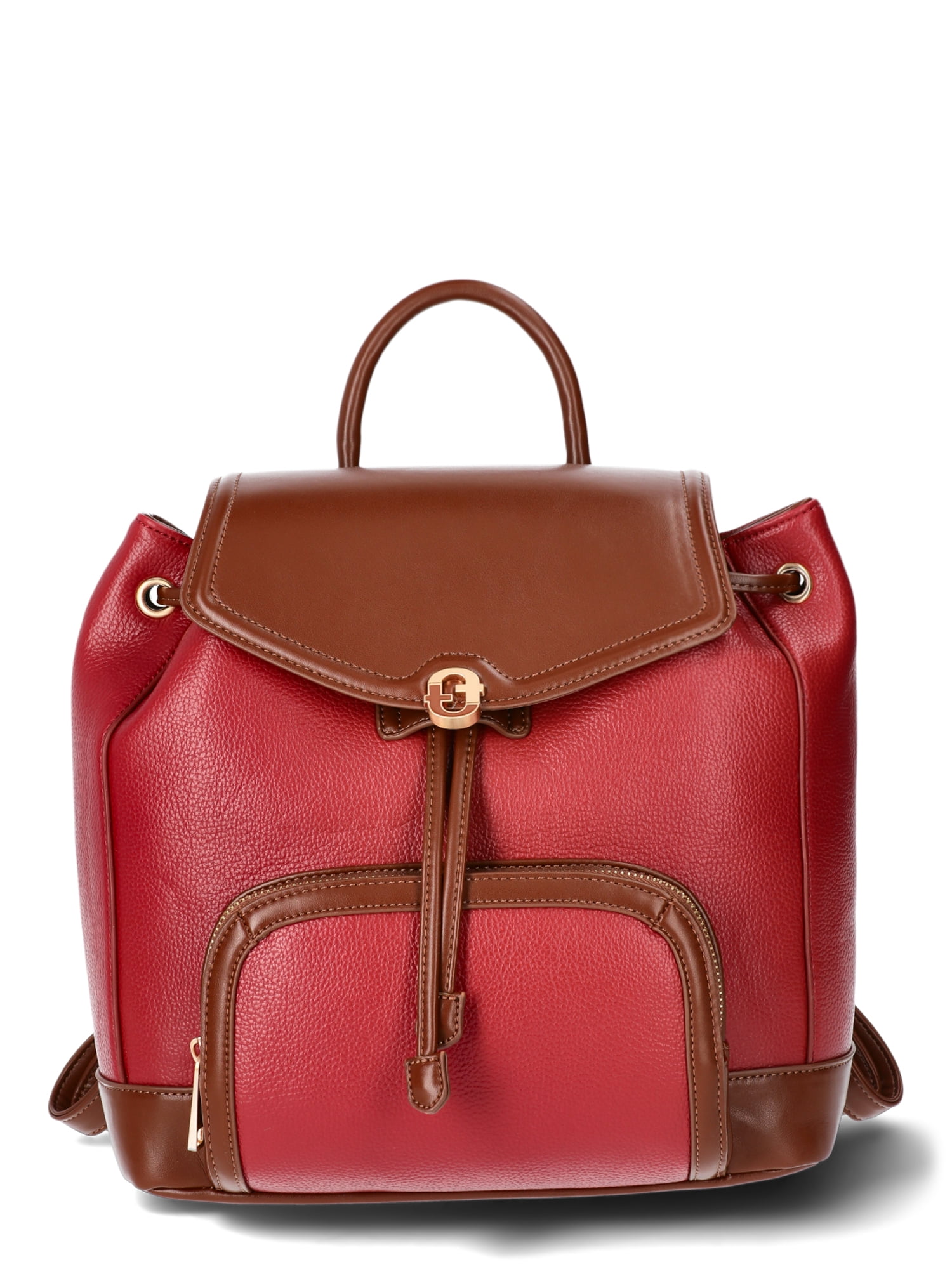 Time and Tru Women's Faux Leather Drawstring Backpack, Persimmon/Brown ...