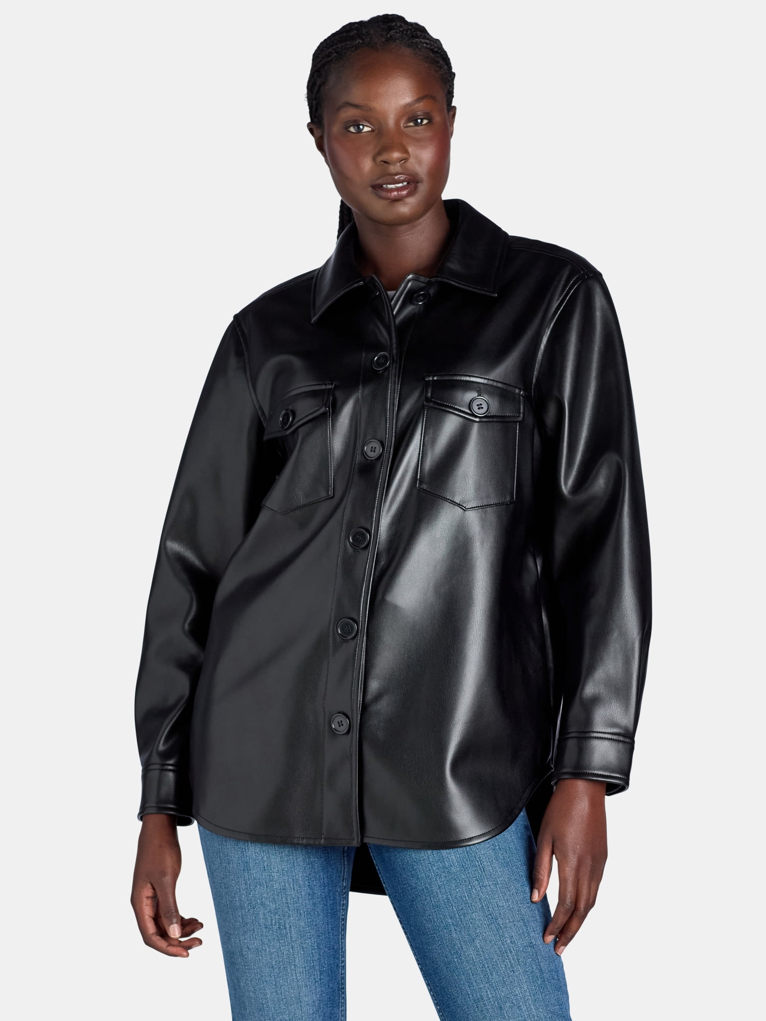 Time and Tru Women's Faux Leather Shacket, Sizes XS-XXXL - Walmart.com