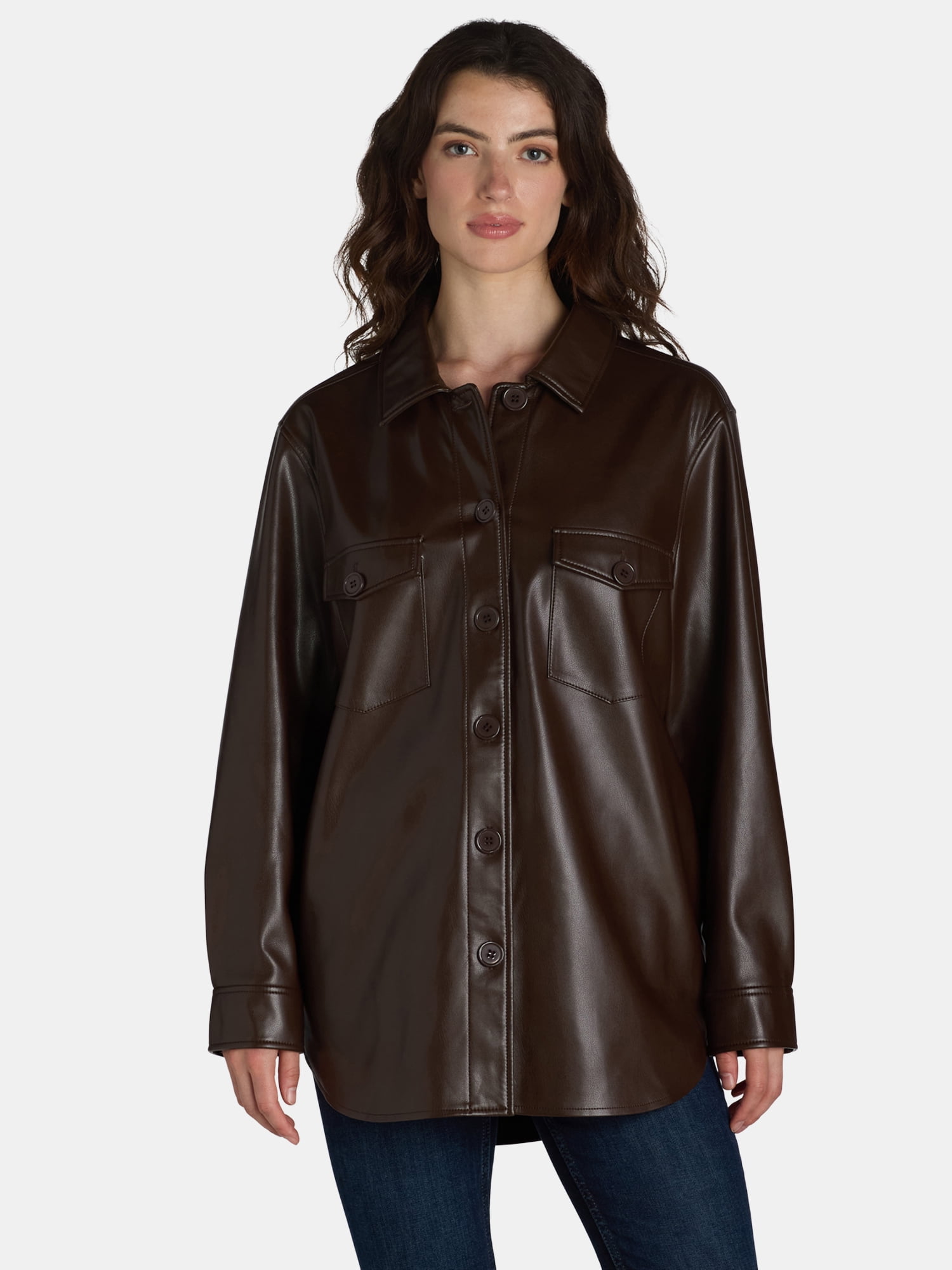 Time and Tru Women's Faux Leather Shacket, Sizes XS-XXXL - Walmart.com