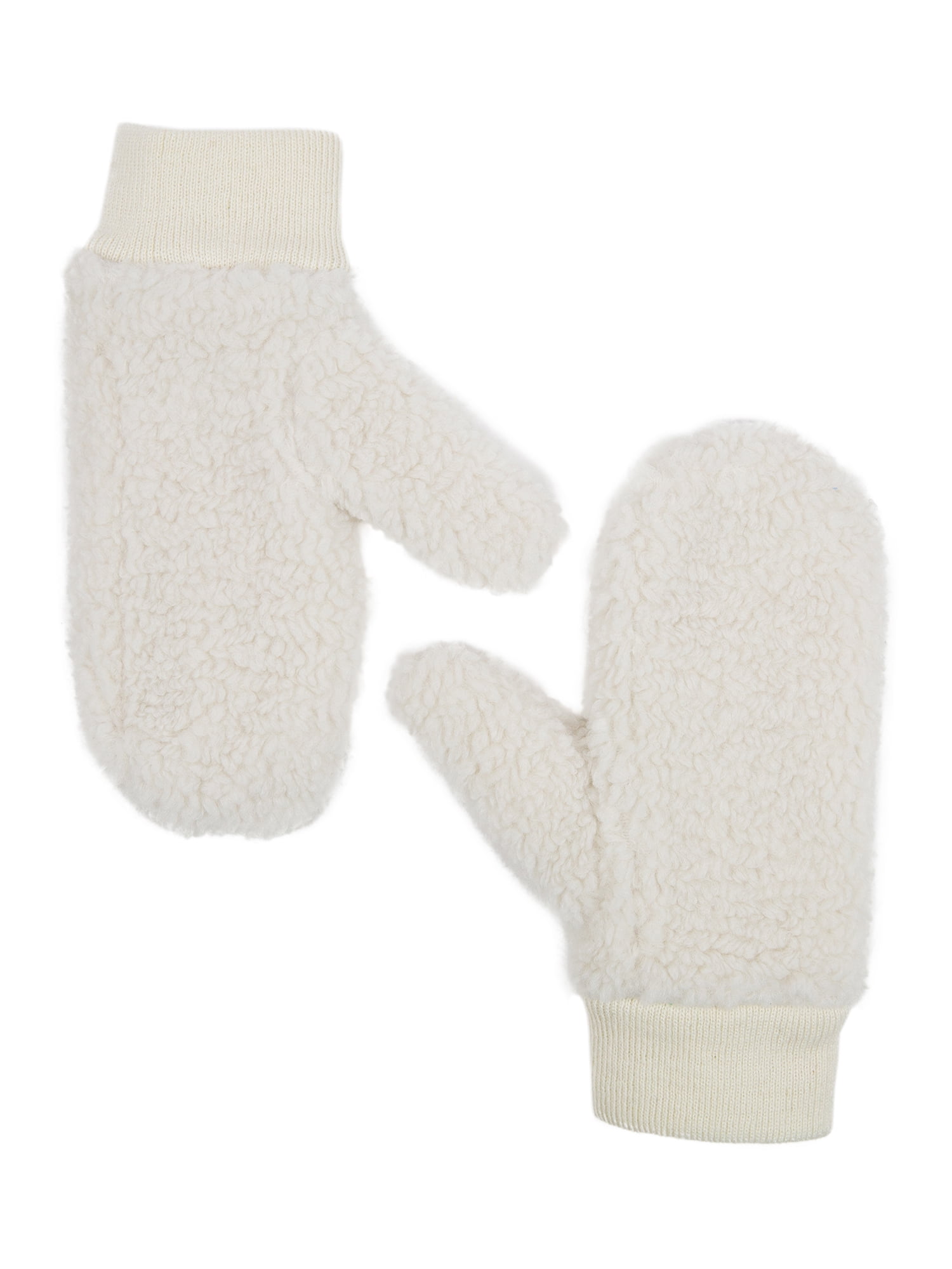 Time & Tru Women's Cozy Faux Shearling Winter Mittens, Cream, One Size ...