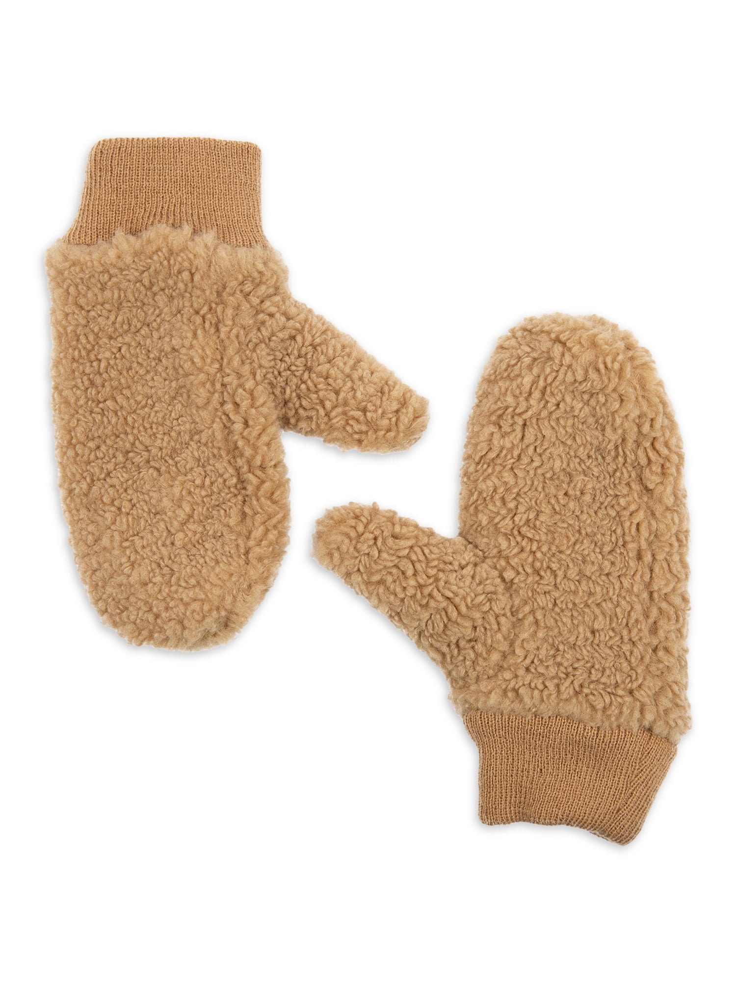 Time & Tru Women's Cozy Faux Shearling Winter Mittens, One Size ...