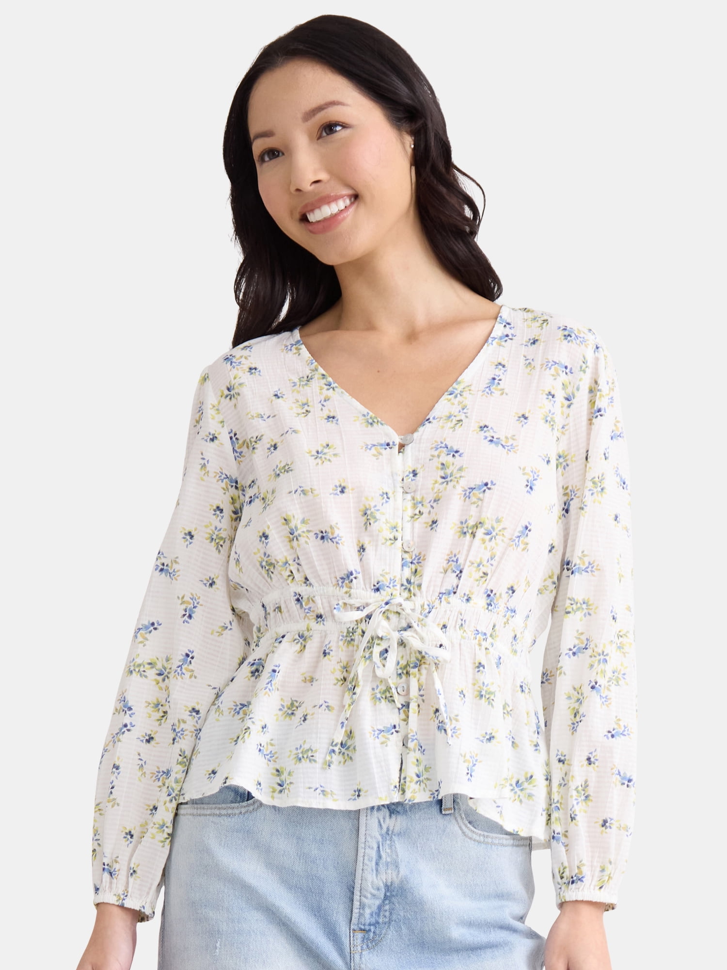 Time and Tru Women's Floral Print Tie Waist Blouse, Sizes S-XXXL ...